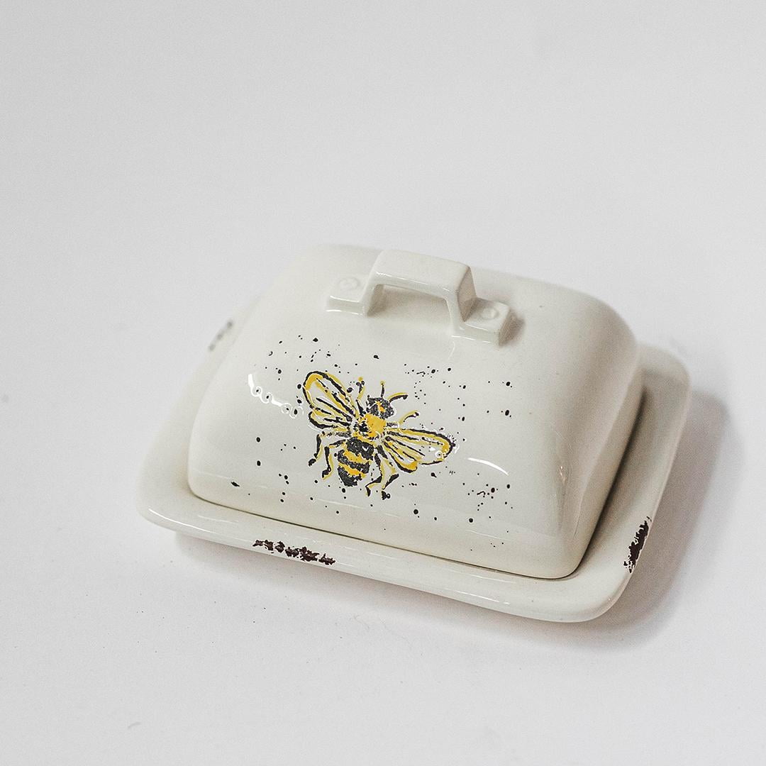 Set of 4 Ceramic Speckled With Bees And Sunflowers Butter Dish ...