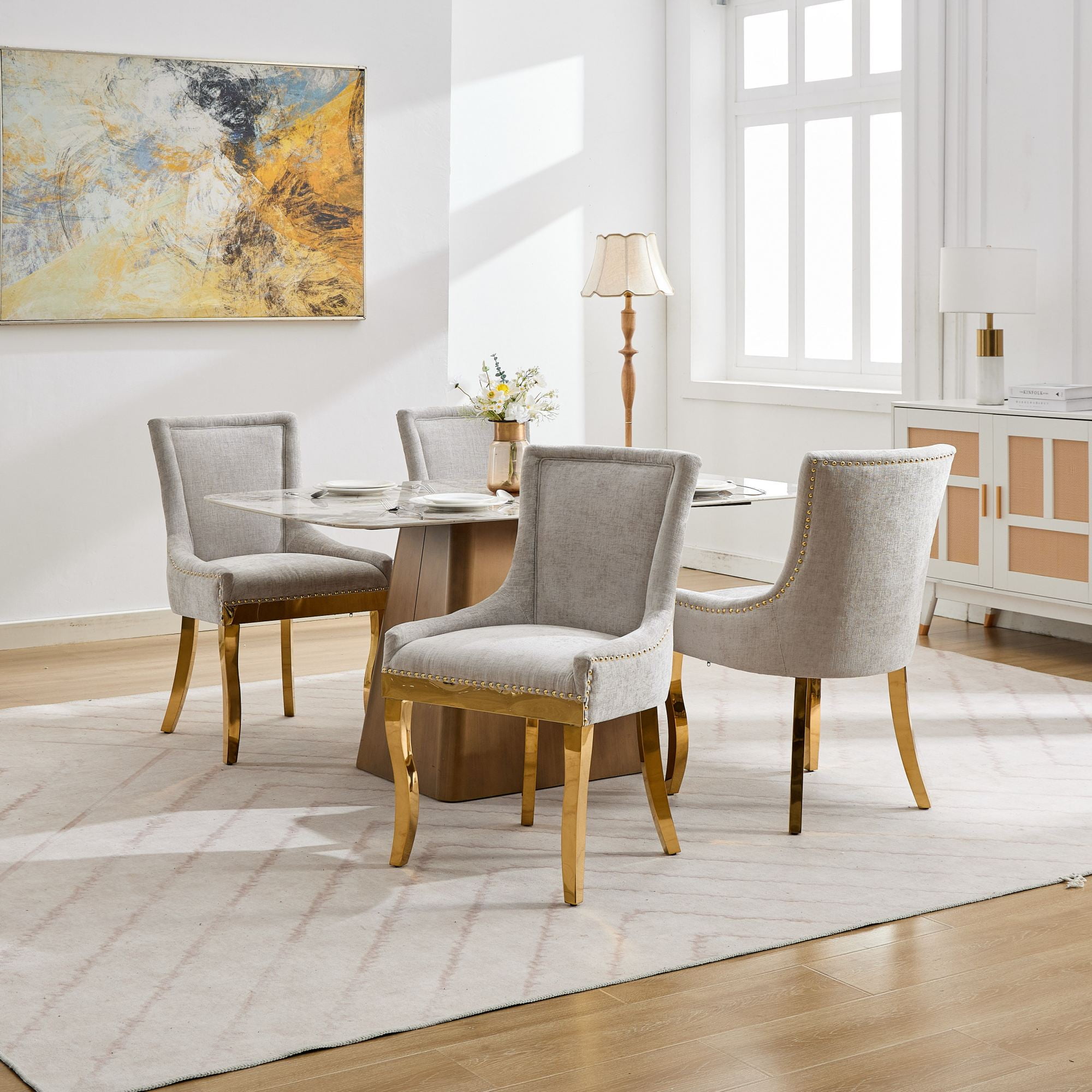 Set of 4 Chenille Dining Chairs with Metal Legs & Rivet Trim Wide Seat ...