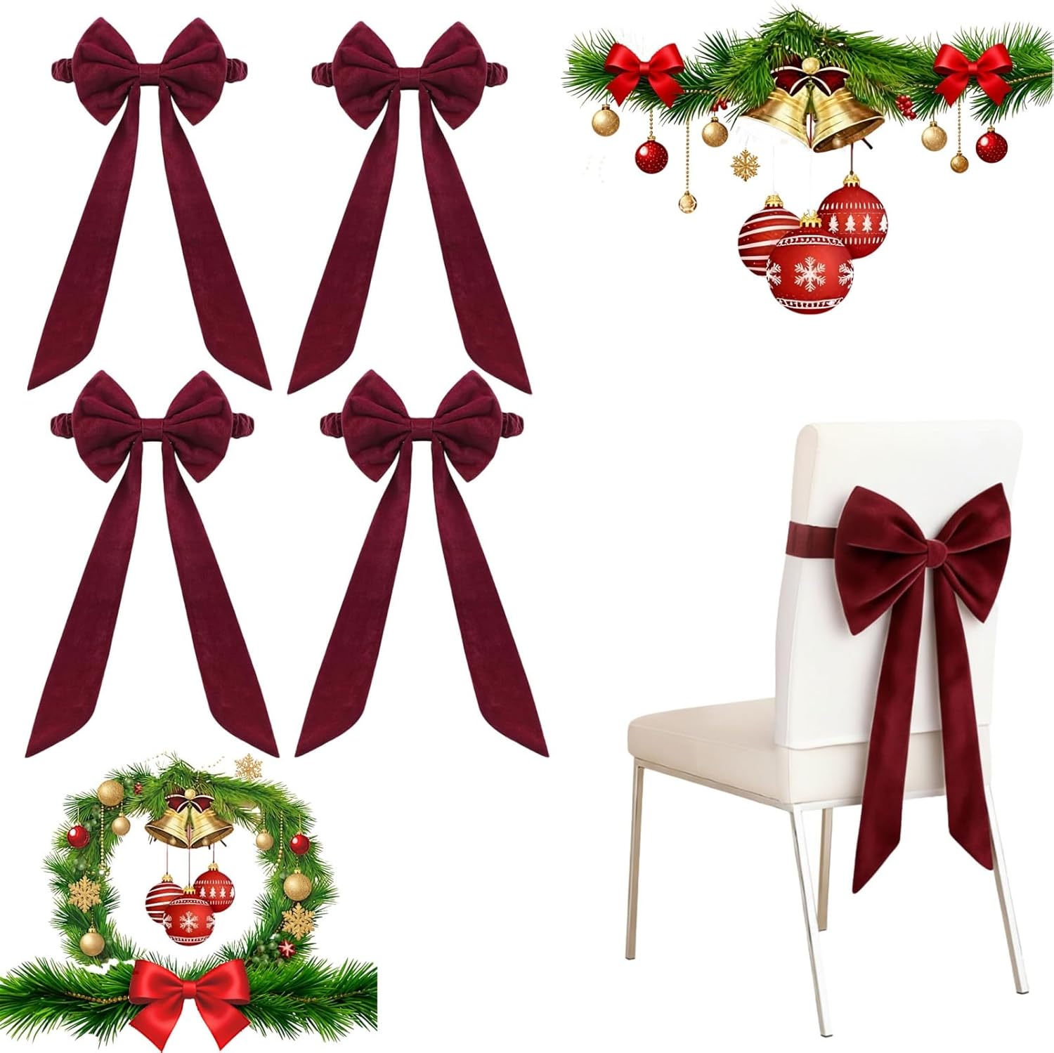 Set of 4 Christmas Burgundy Velvet Chair Sashes, Christmas Chair Bows ...