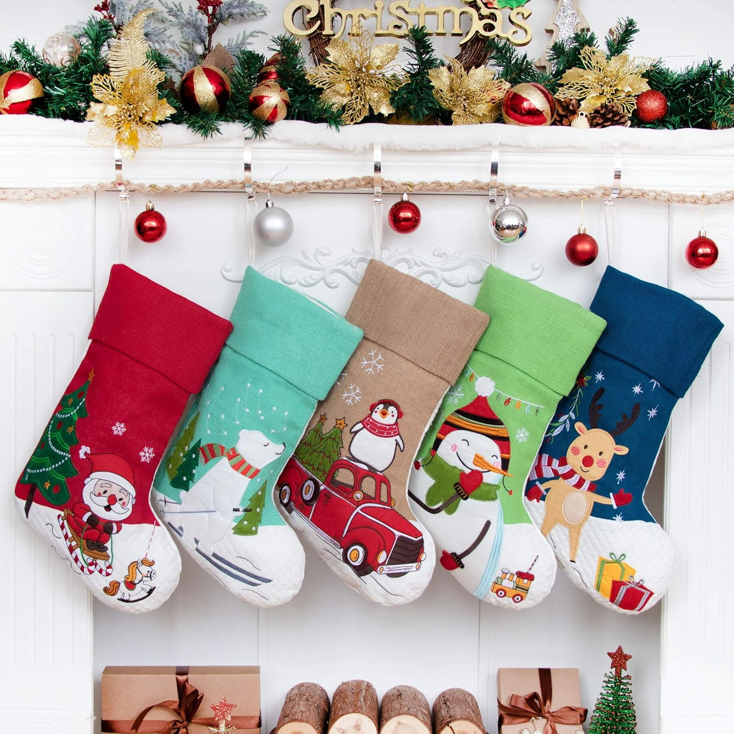 Set of 4 Christmas Stockings (20inch) Blue Family Stocking Large ...