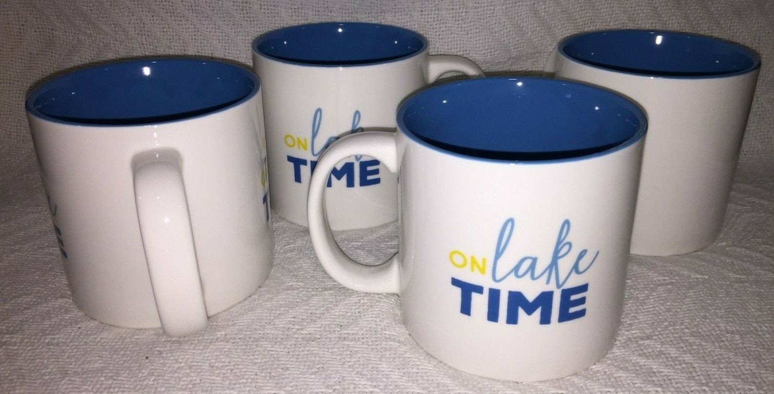 Set of 4 Clay Art 18 oz "On Lake Time" White and Blue Handle Coffee ...