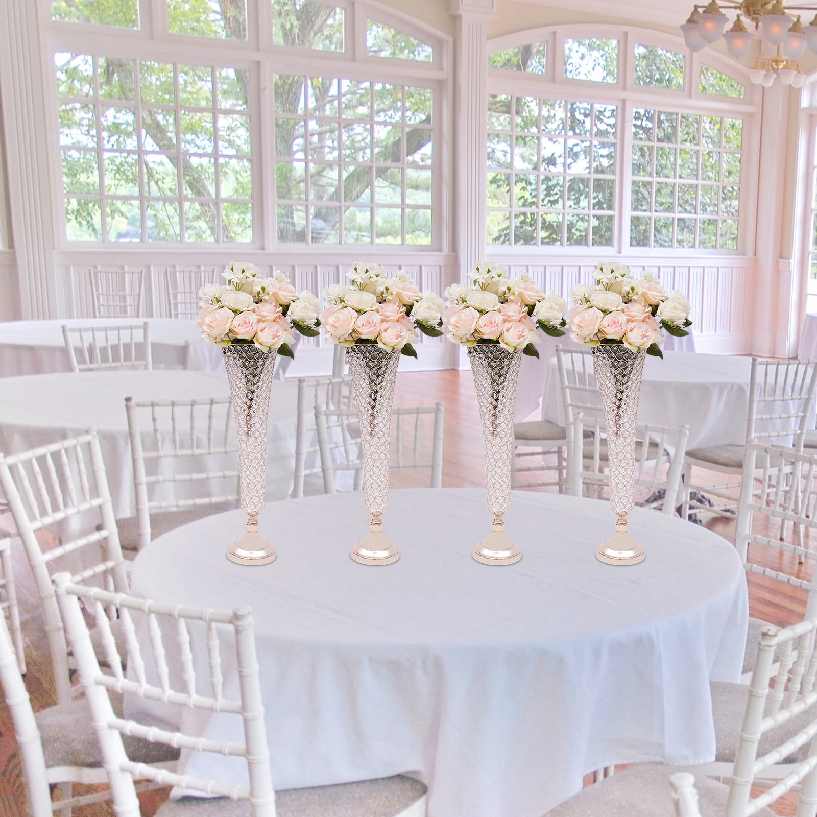 Set of 4 Crystal Trumpet Vases Gold Octagonal Floral Centerpieces 21.65 ...