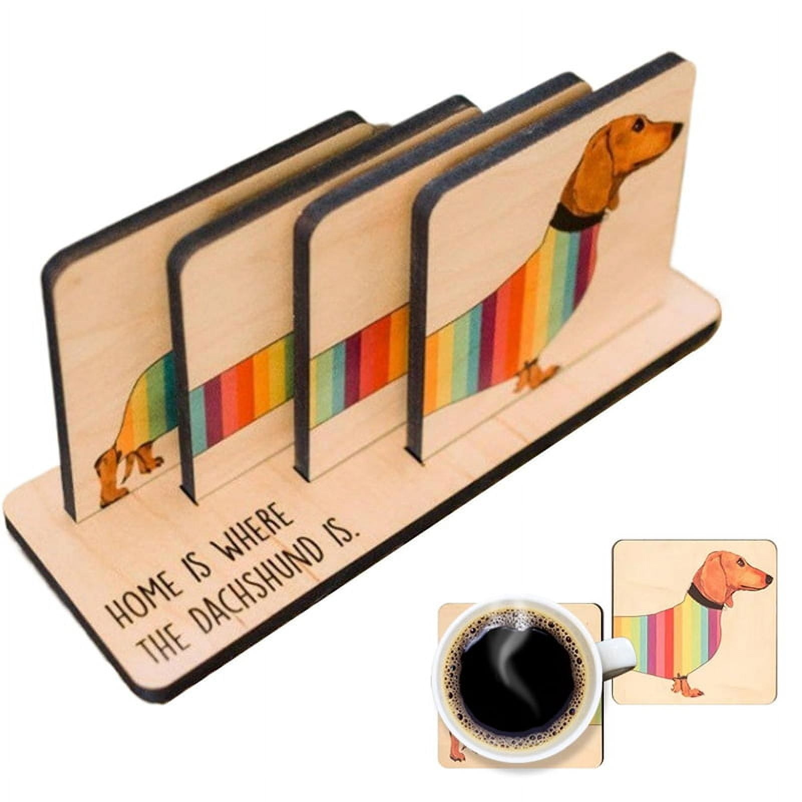 Set of 4 Dachshund Coasters with Holder, Dog Wood Coaster Dining Table ...