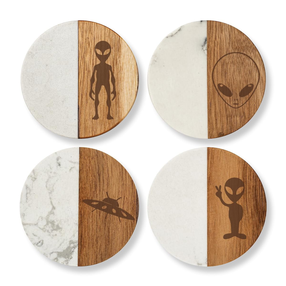 Set of 4 Drink Coasters with Holder Gift Alien Collection (Acacia Wood ...