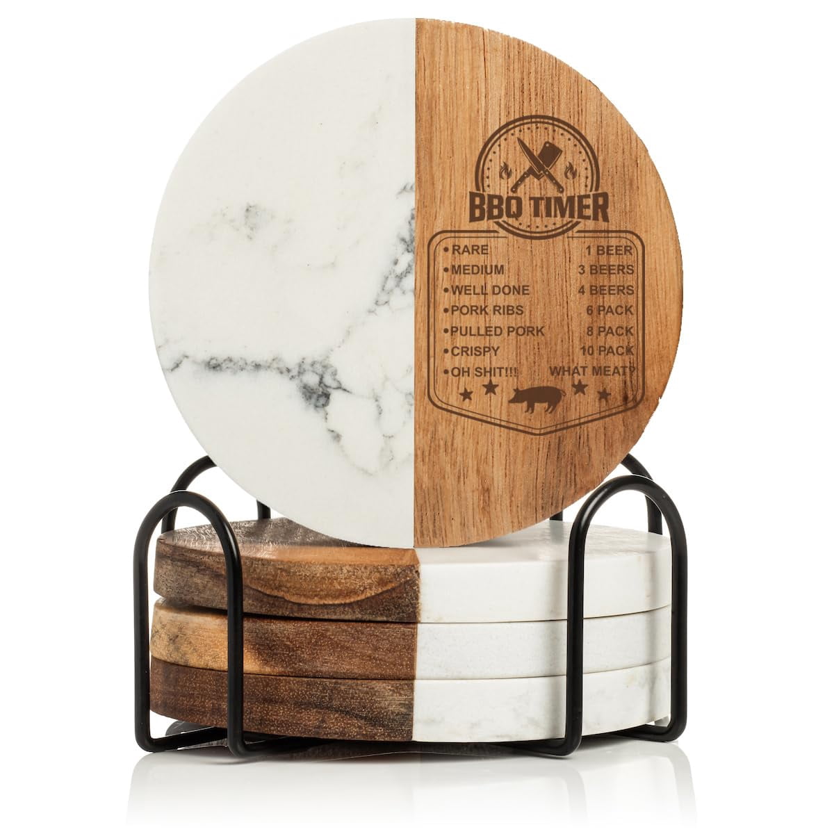 Set of 4 Drink Coasters with Holder Gift BBQ Grill Chart Timer Funny ...