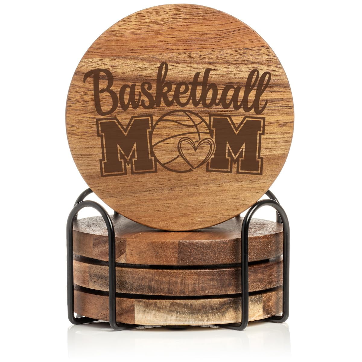 Set of 4 Drink Coasters with Holder Gift Basketball Mom with Heart ...