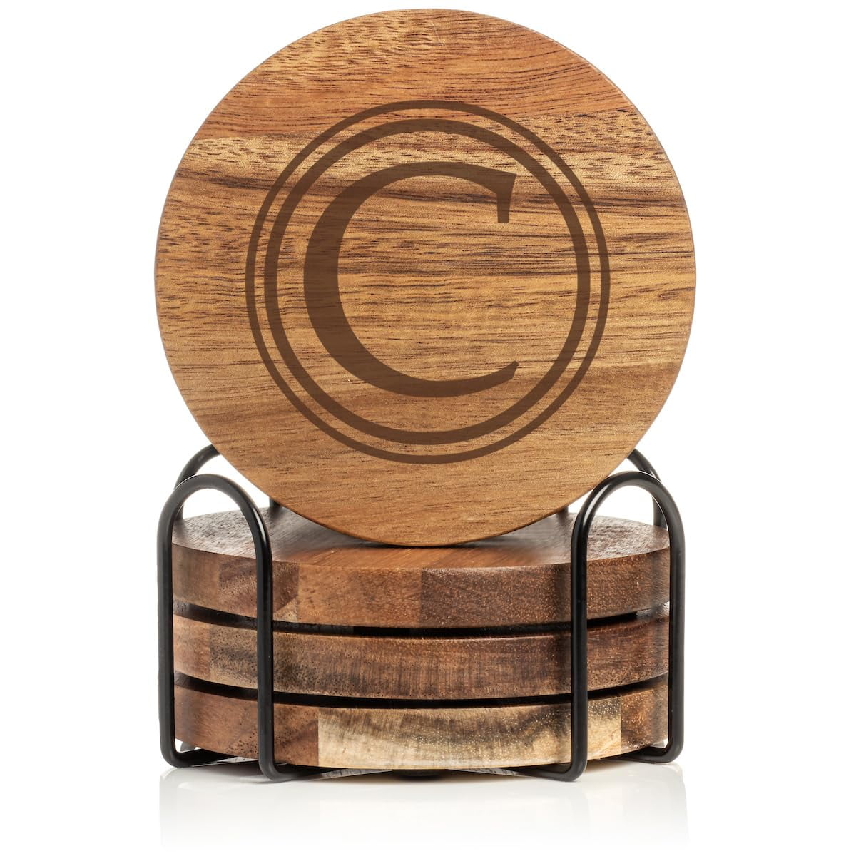 Set of 4 Drink Coasters with Holder Gift Circle Letter C Monogram ...