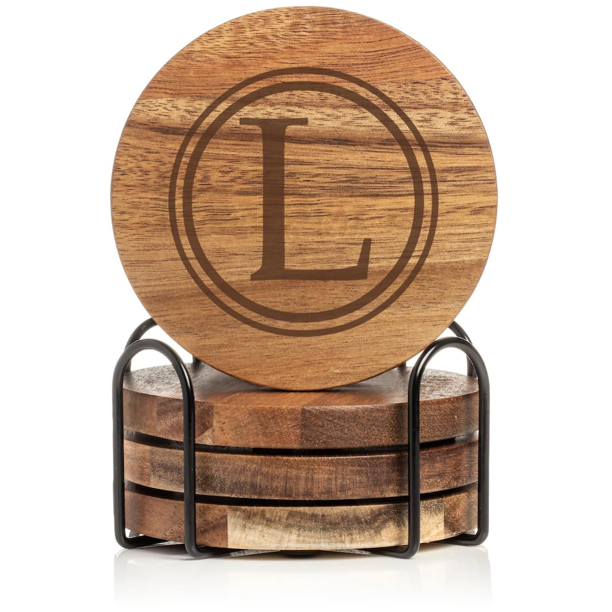 Set of 4 Drink Coasters with Holder Gift Circle Letter L Monogram ...