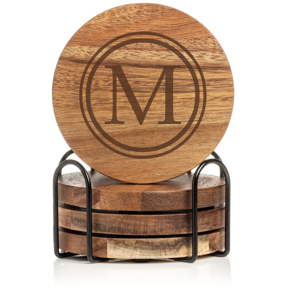 Set of 4 Drink Coasters with Holder Gift Circle Letter M Monogram ...