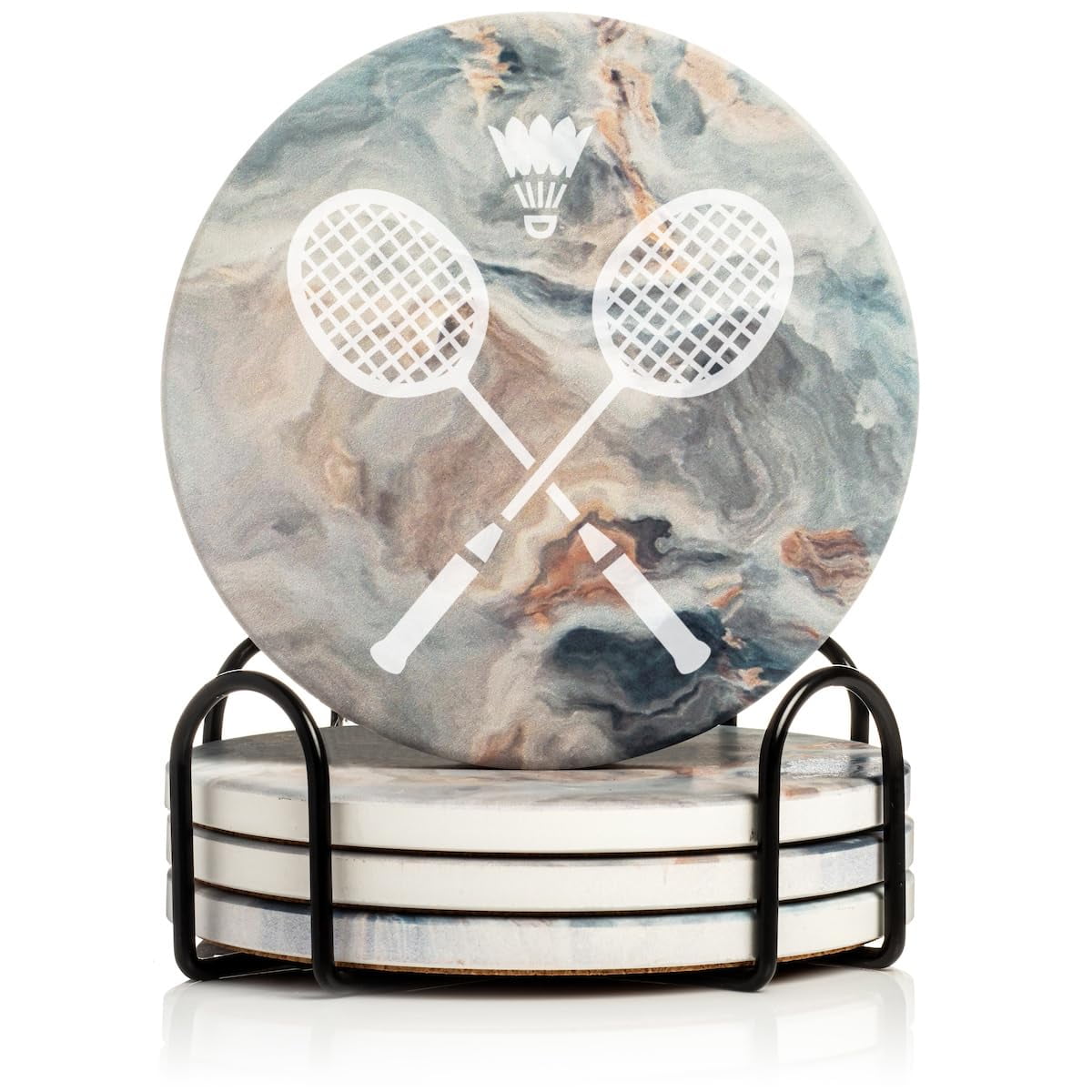 Set of 4 Drink Coasters with Holder Gift Crossed Badminton Rackets ...