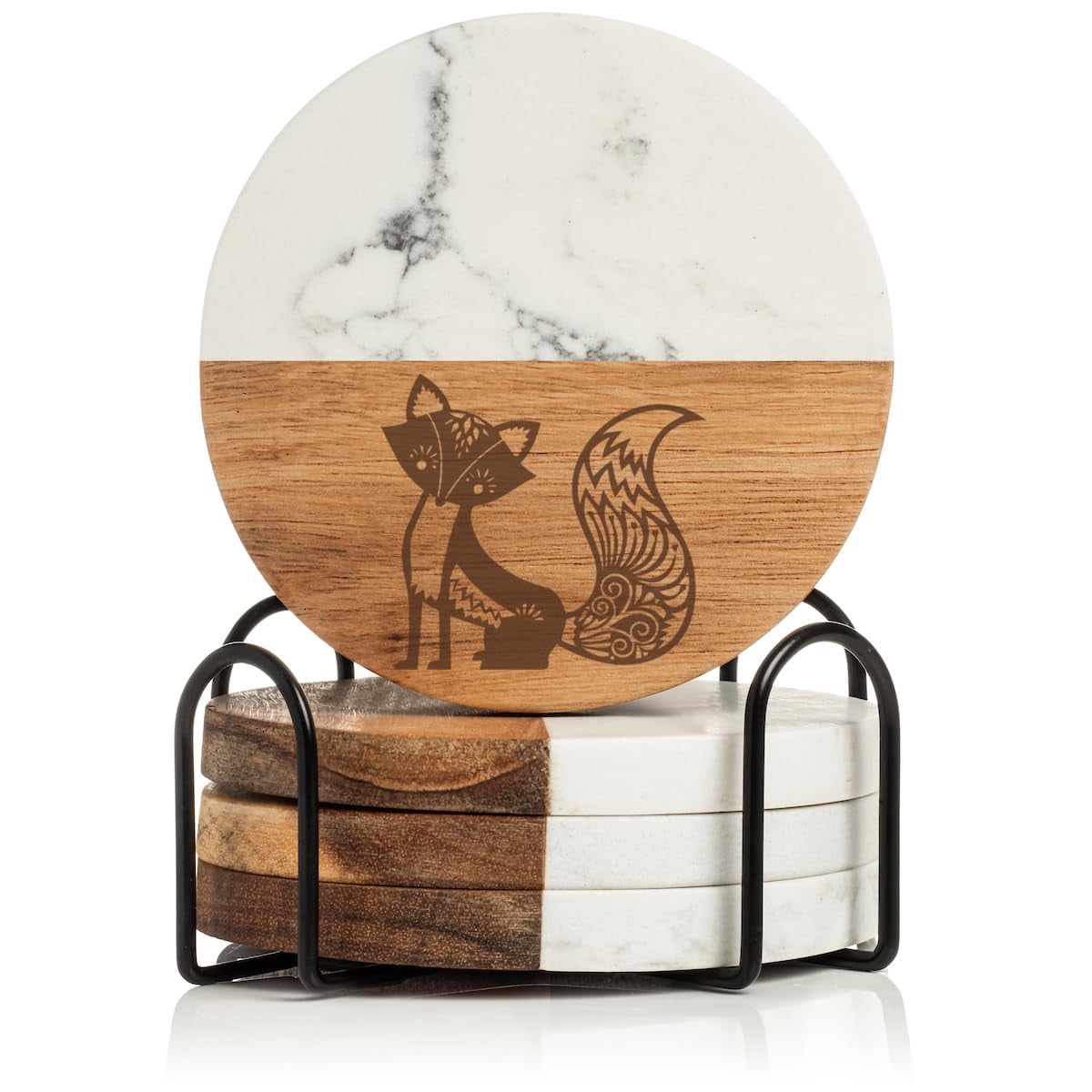 Set of 4 Drink Coasters with Holder Gift Fancy Fox (Acacia Wood ...