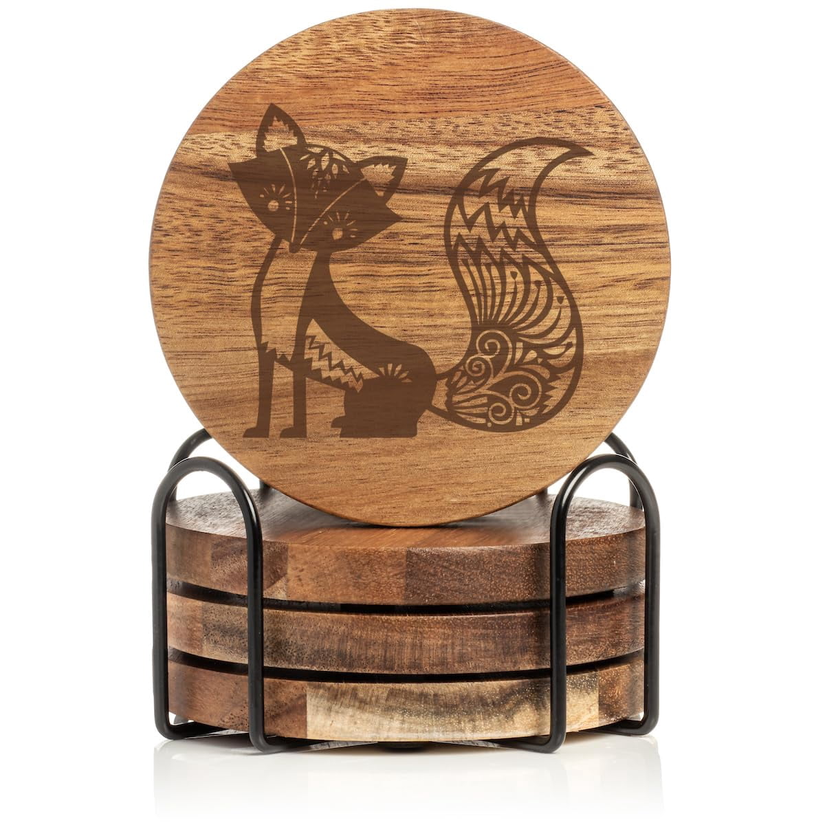 Set of 4 Drink Coasters with Holder Gift Fancy Fox (Acacia Wood ...