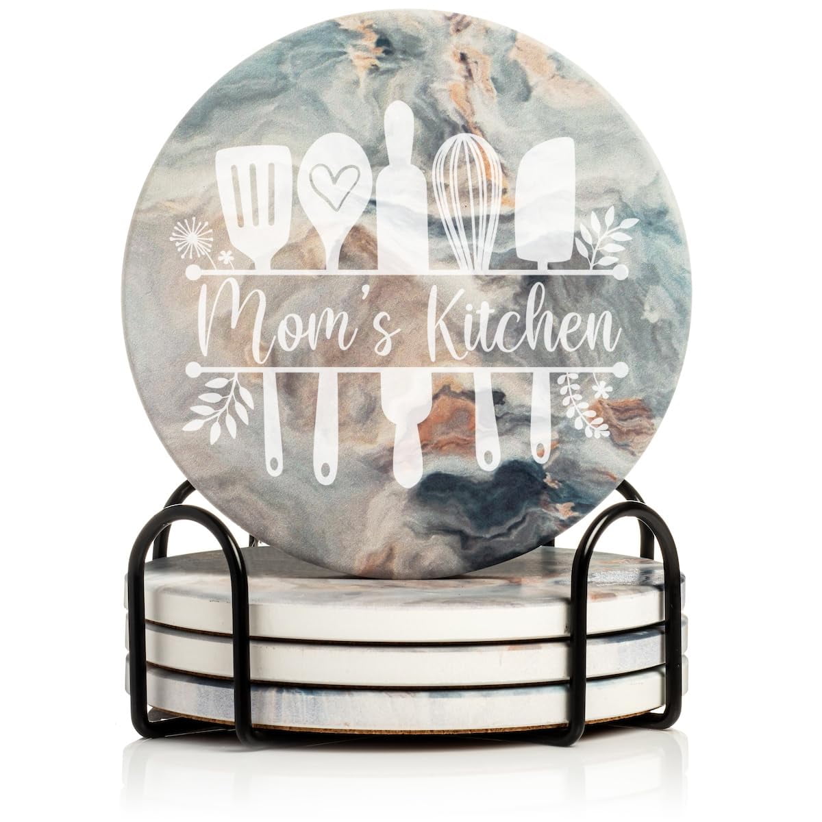 Set of 4 Drink Coasters with Holder Gift Mom's Kitchen Utensils Mom ...