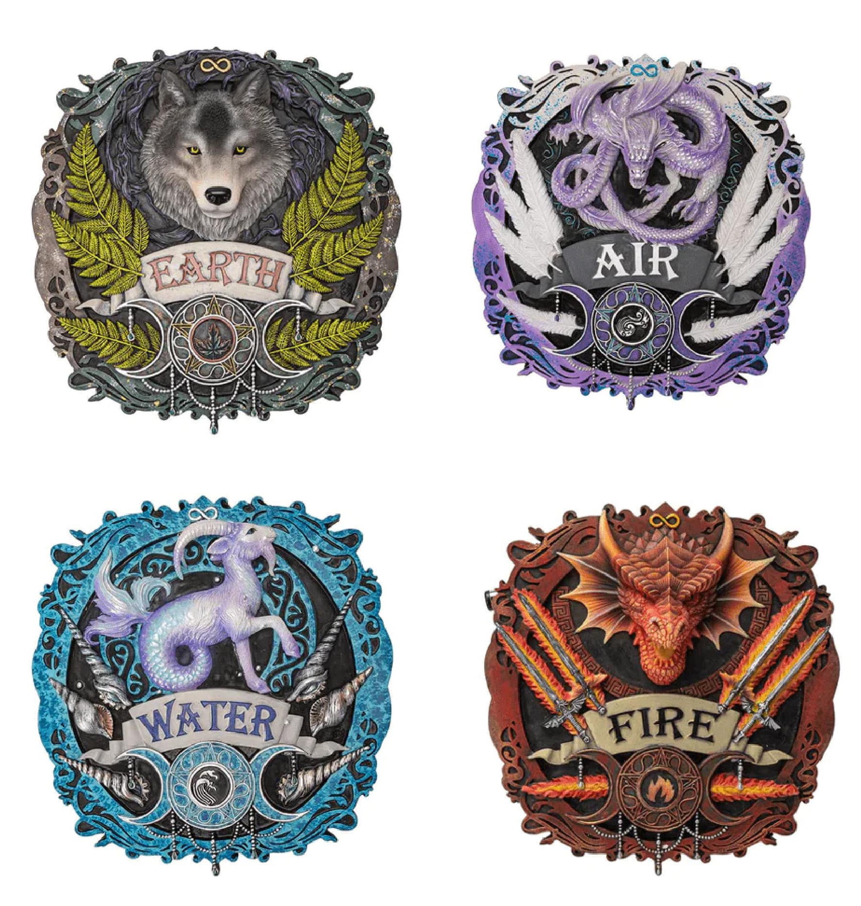 Set of 4 Elements Earth Air Water Fire Triple Moon Mythical Creatures ...