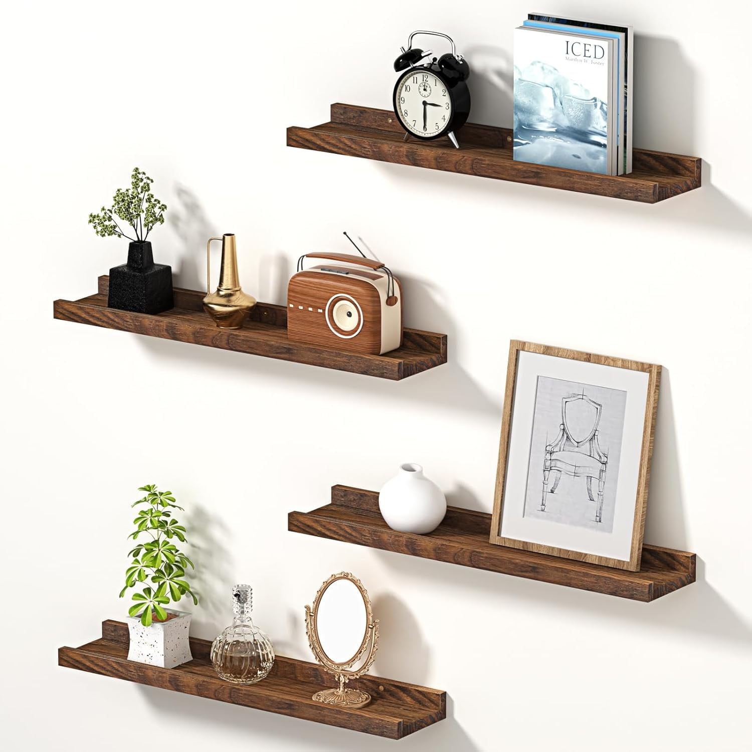 Set of 4 Floating Shelves, Natural Wood Handcrafted Wall Shelves with ...