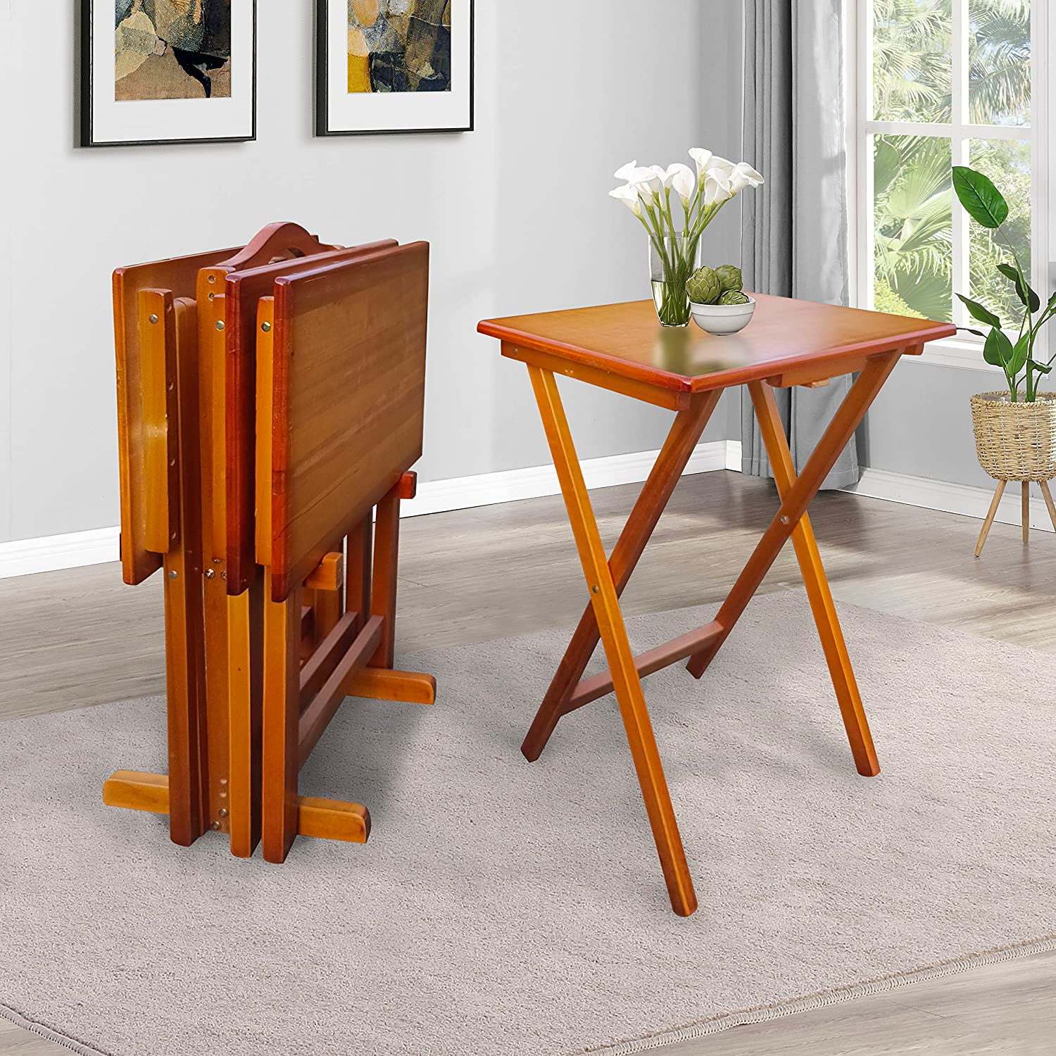 Set of 4 Folding Snack Tables with Storage Rack - Honey Solid Wood - TV ...