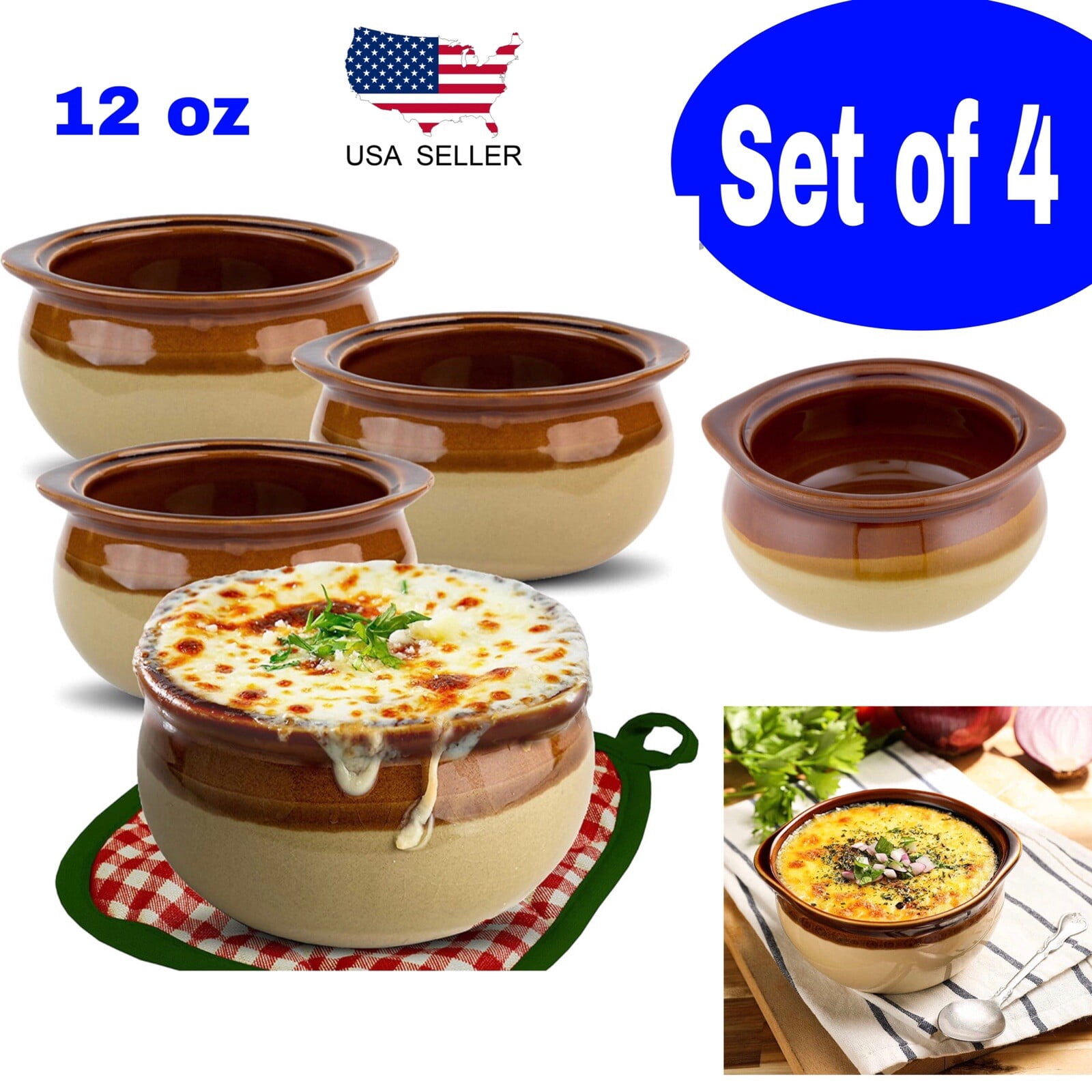 Set of 4 French Onion Soup Crocks 12 oz Brown & Ivory Ceramic Porcelain ...