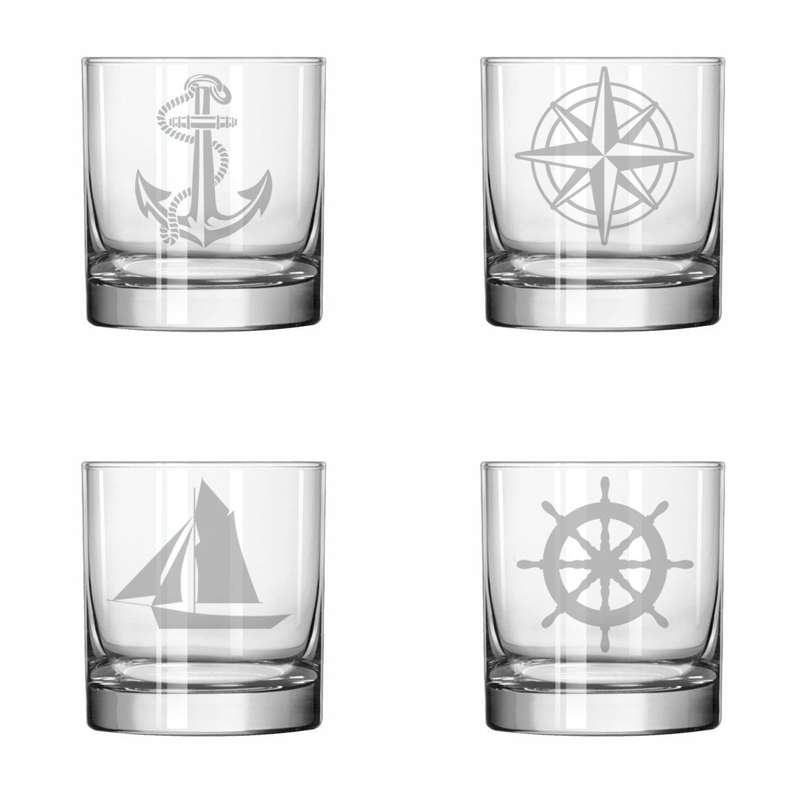Set of 4 Glass 11 oz Rocks Whiskey Highball Anchor Boat Compass ...