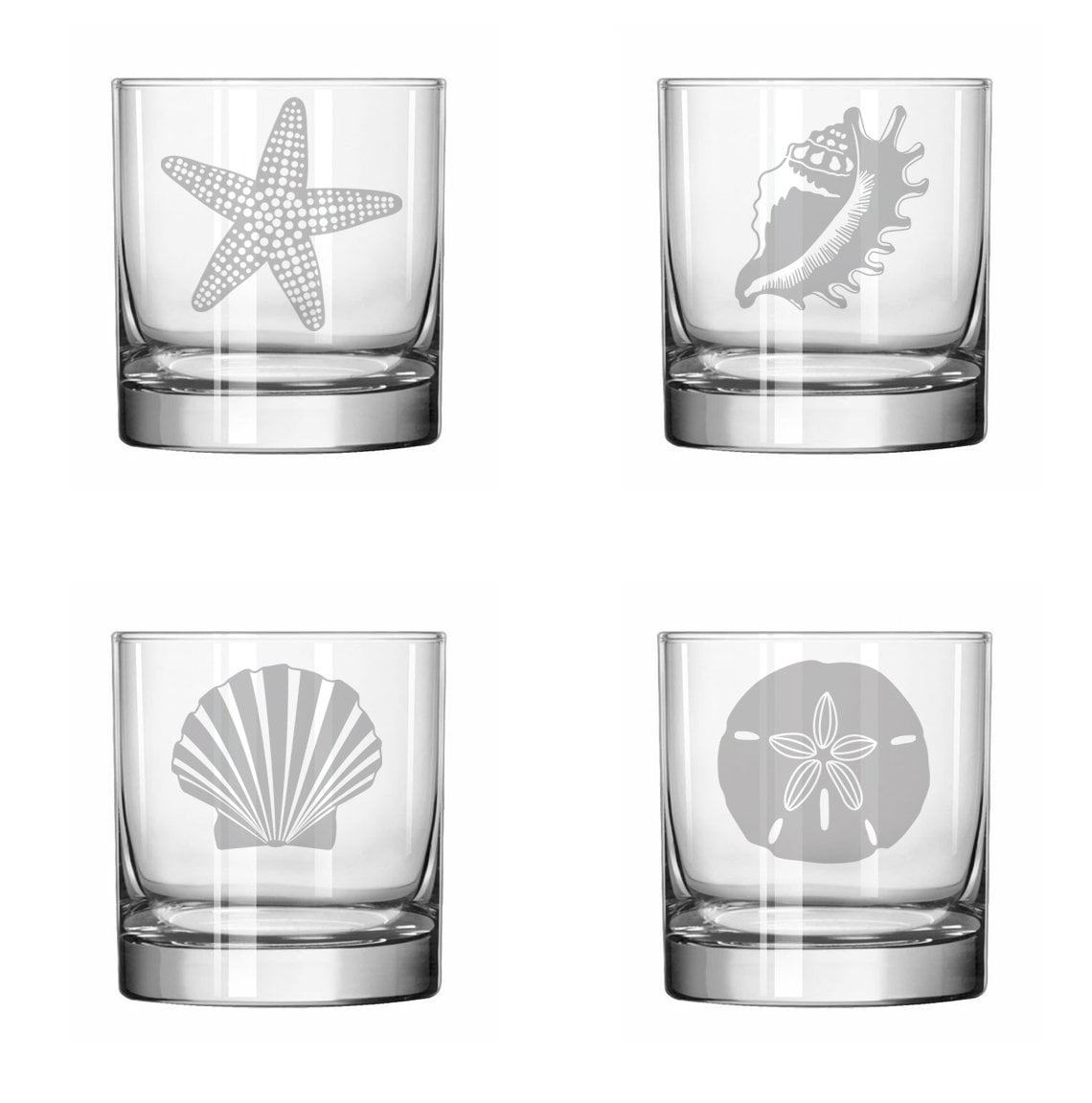 Set of 4 Glass 11 oz Rocks Whiskey Highball Sea Shells Sea Shore ...
