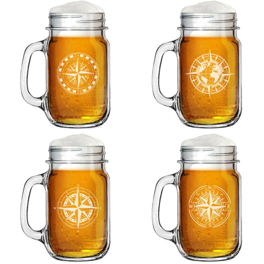 Set of 4 Glass 16oz Mason Jar Glass Mug w/Handle Gift Compass ...