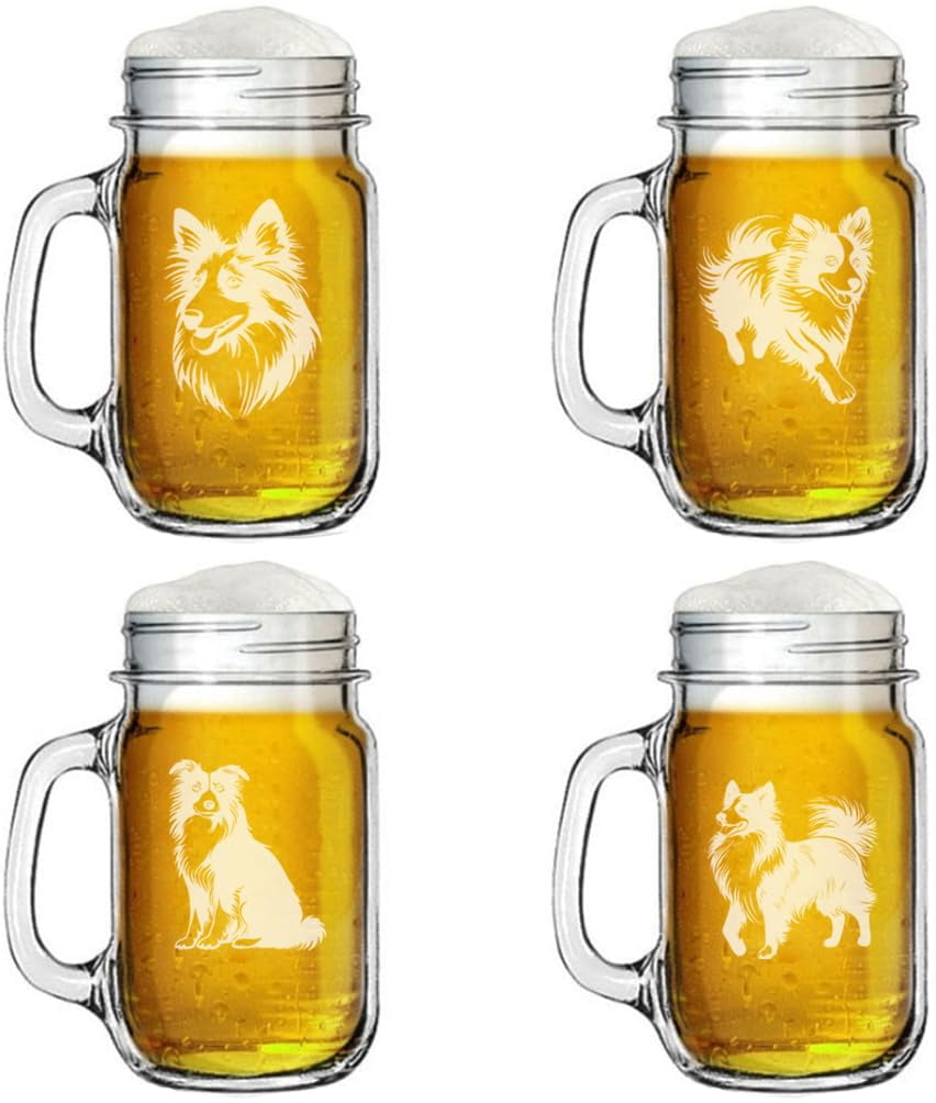 Set of 4 Glass 16oz Mason Jar Glass Mug w/Handle Gift Shetland Sheepdog ...