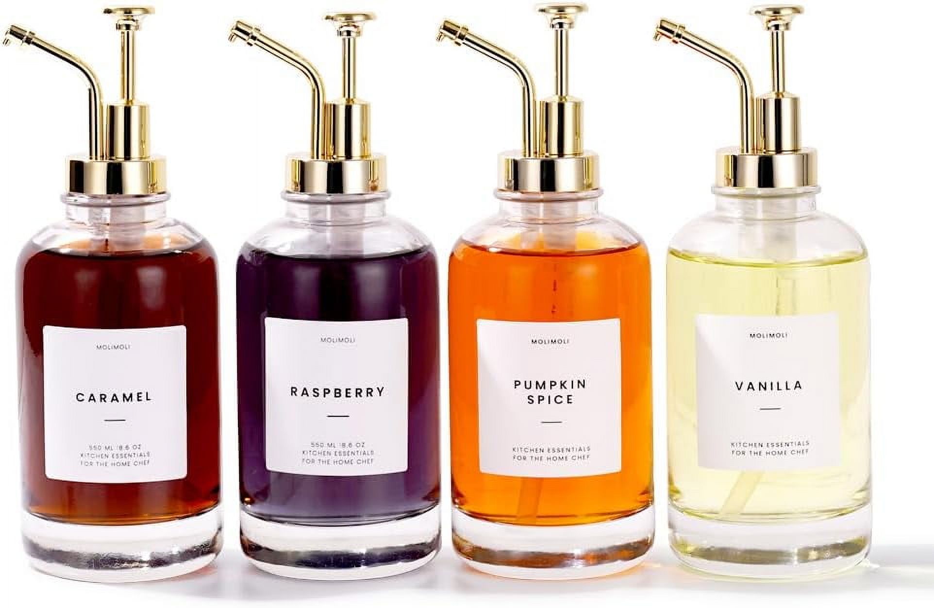 Set of 4 Gold Coffee Syrup Dispenser Bottles with Pumps and Labels for ...