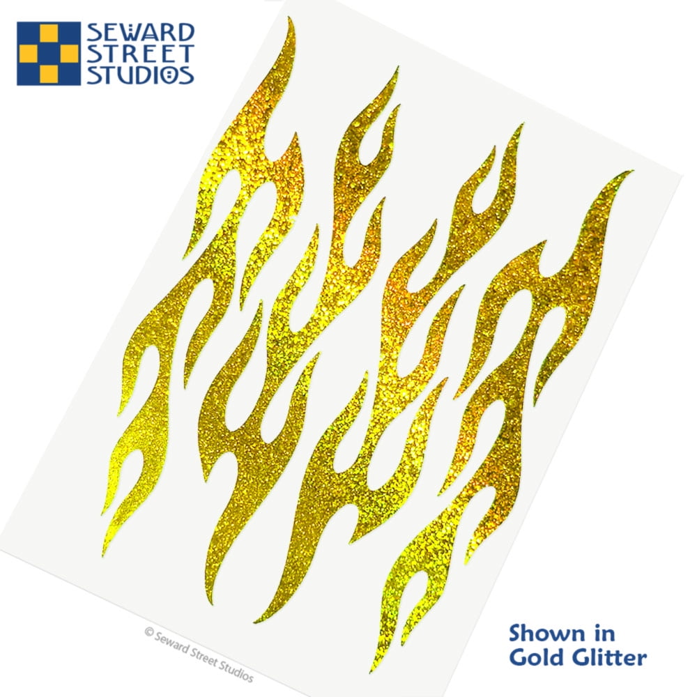Set of 4 Gold Flames Glitter Decals, Flame Bike Helmet Stickers Sheet ...