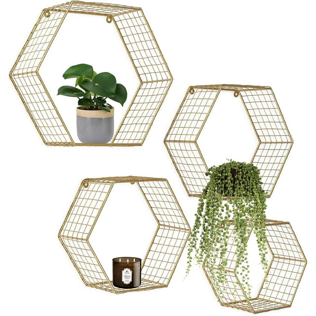 Set of 4 Gold Hexagon Wall Shelves, Floating Honeycomb, Wall Mounted ...