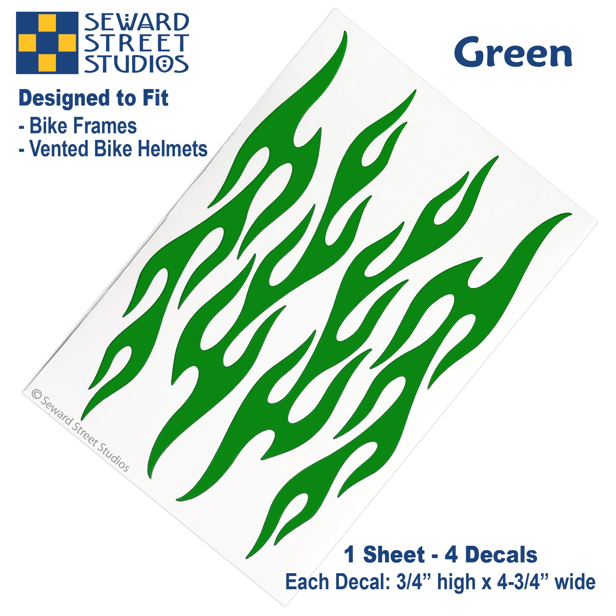 Set of 4 Green Flames Decals, Flame Bike Helmet Stickers Sheet / #876 ...