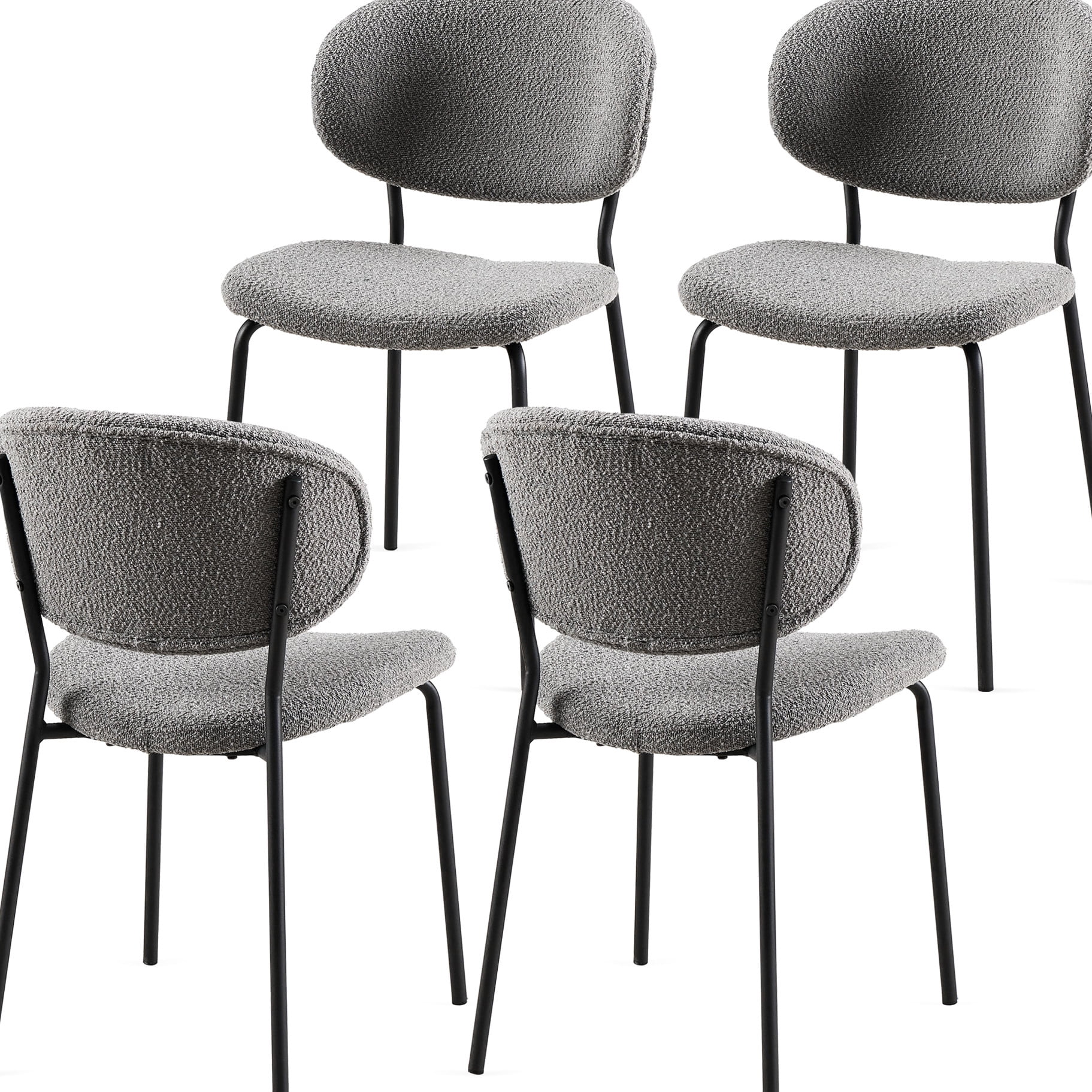 Set of 4 Grey Boucle Dining Chairs, Foam Filled, Ergonomic Comfort ...