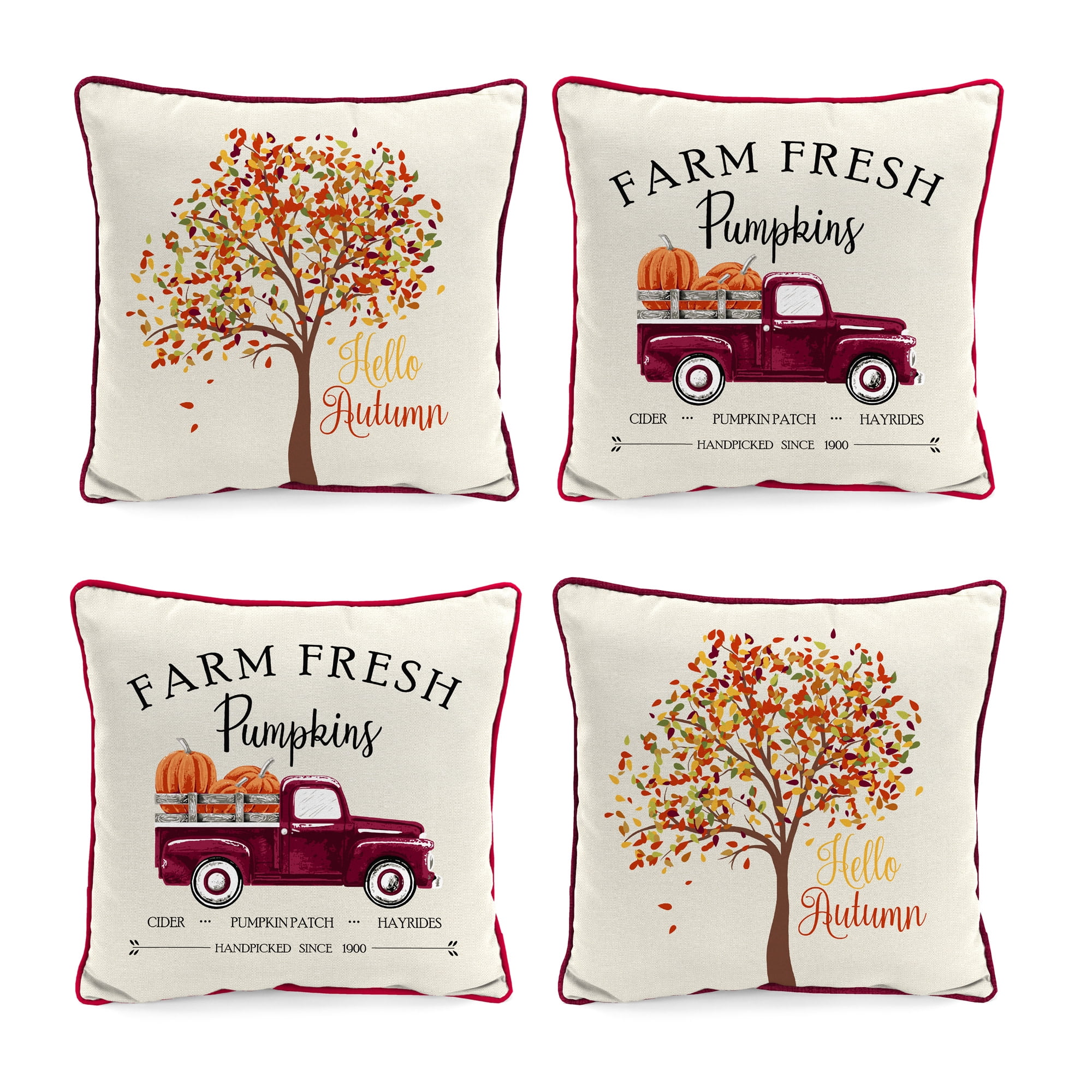 Set of 4 Hello Autumn and Pumpkins Truck Plaid Filled Outdoor Throw ...