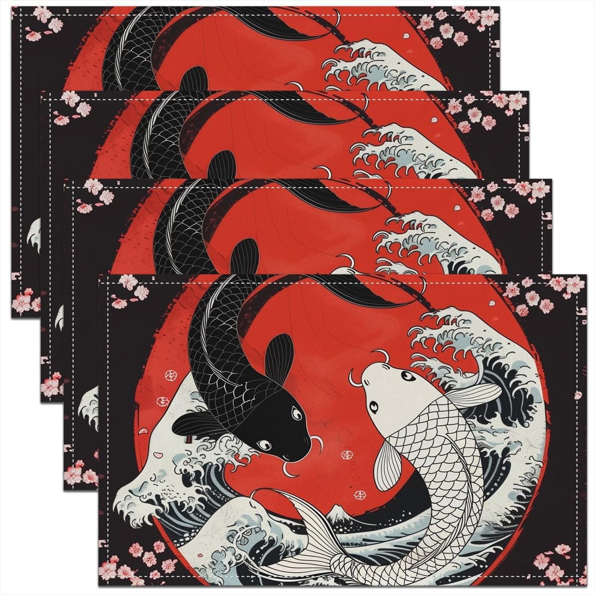 Set of 4 Japanese Ukiyoe Koi Fish 12X18 Place Mats Pink Cherry Blossom ...