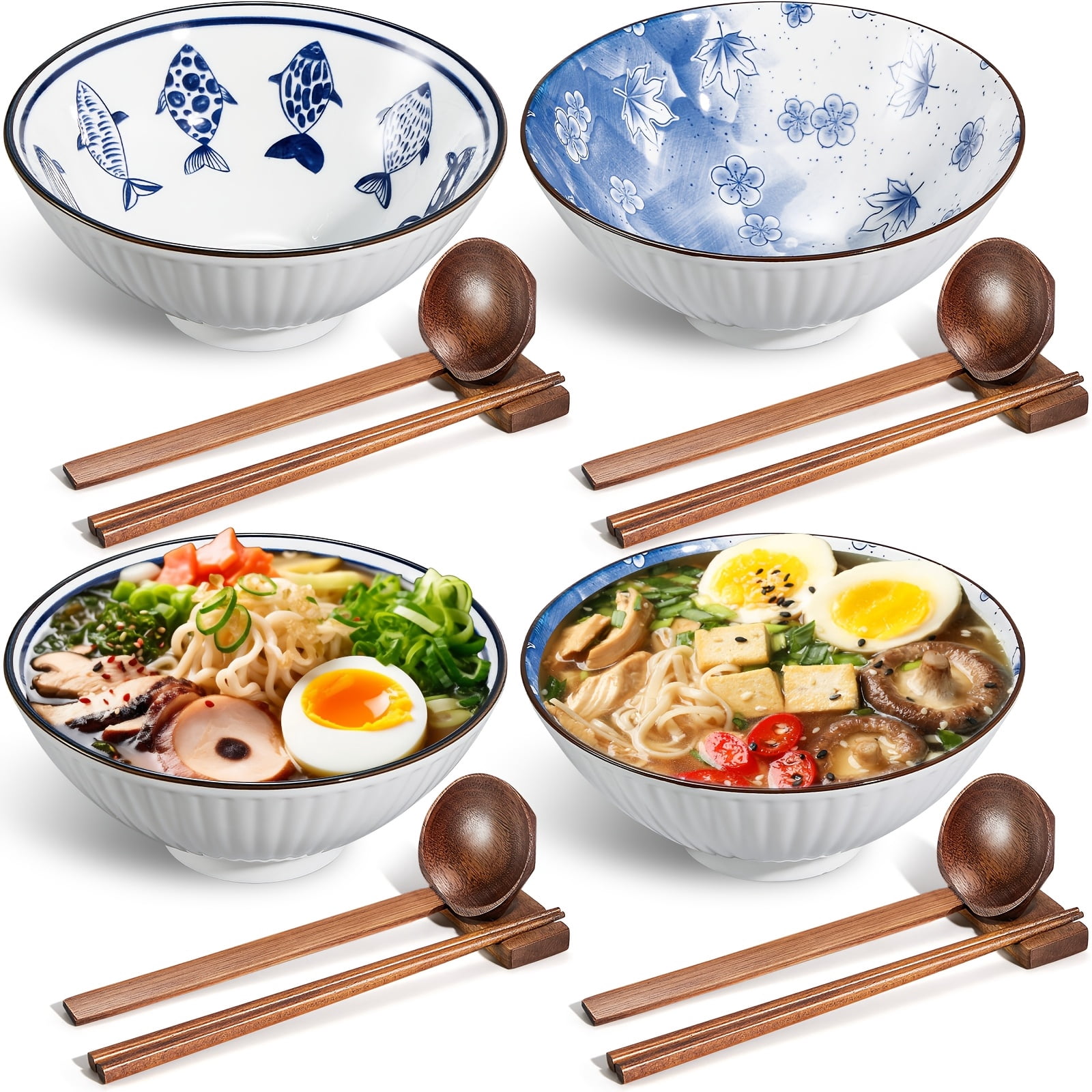 Set of 4 Large 40-Ounce Ceramic Japanese Ramen Bowls with Spoons ...