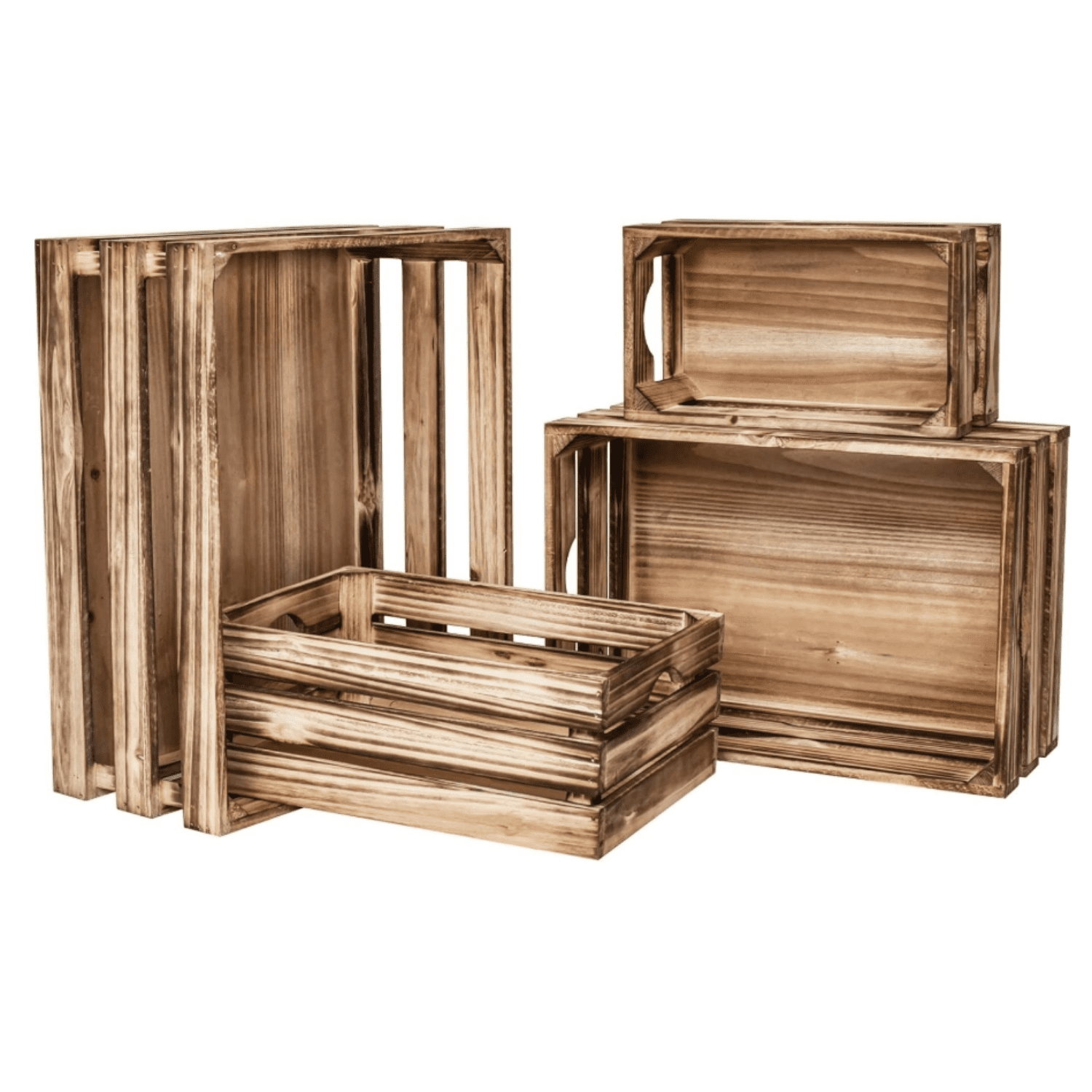 Set of 4 Large Torched Wood Storage Crates, Nesting Wooden Crates for ...