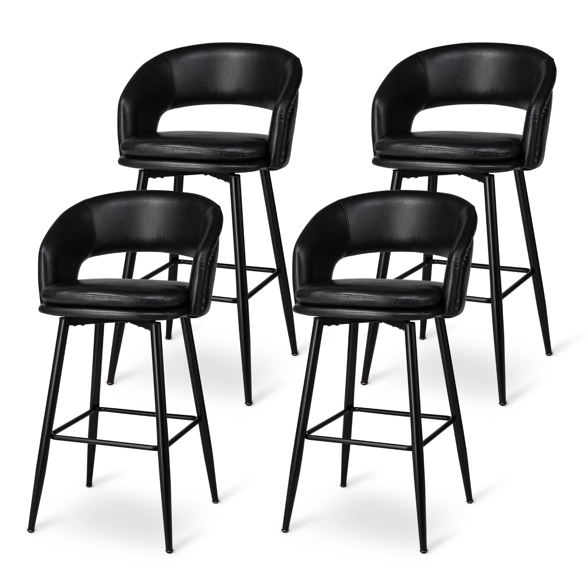 Set of 4 Mid-Century Modern Black Leatherette Bar Stool with Nailhead ...