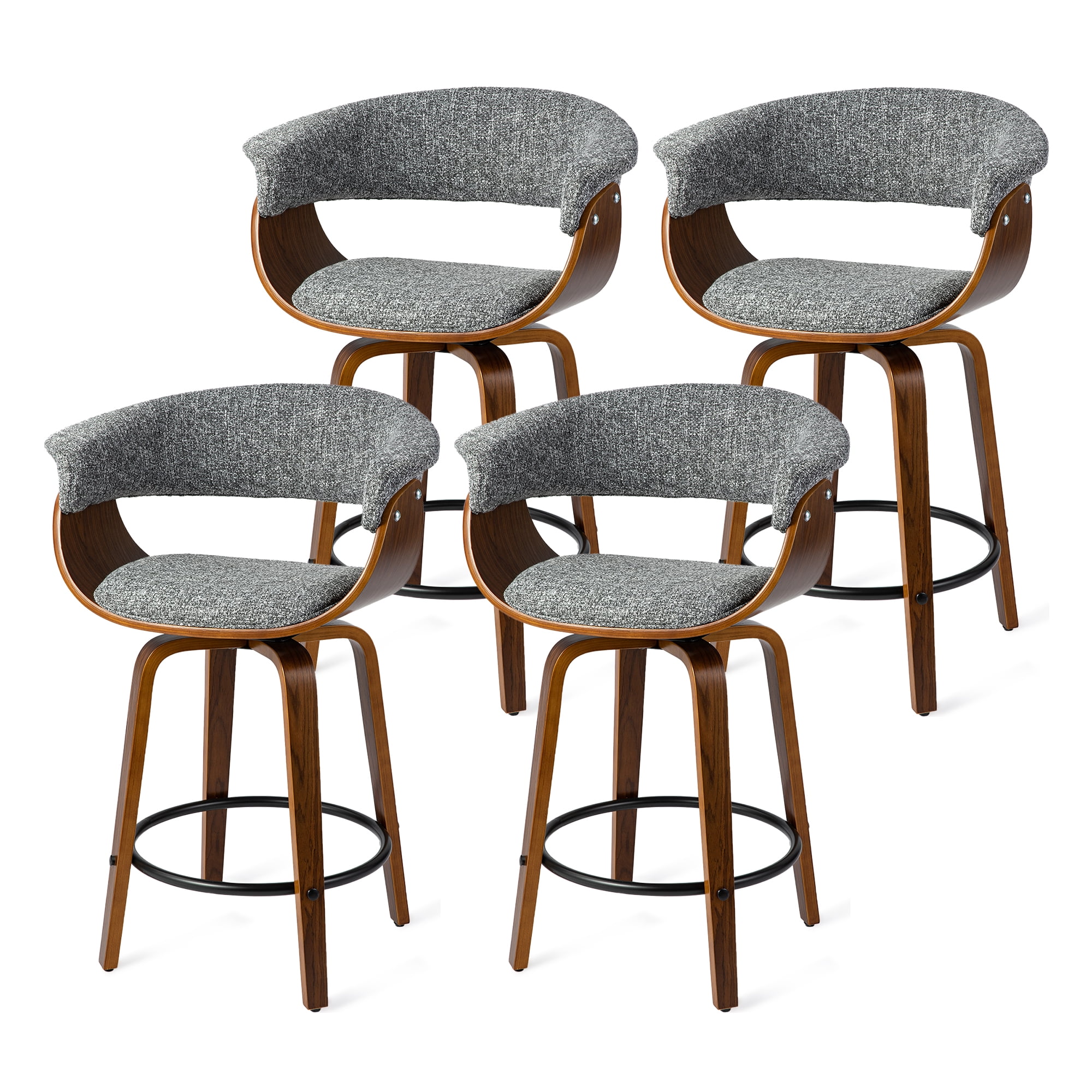Set of 4 Mid-Century Modern Gray Fabric Swivel Counter Stool with ...