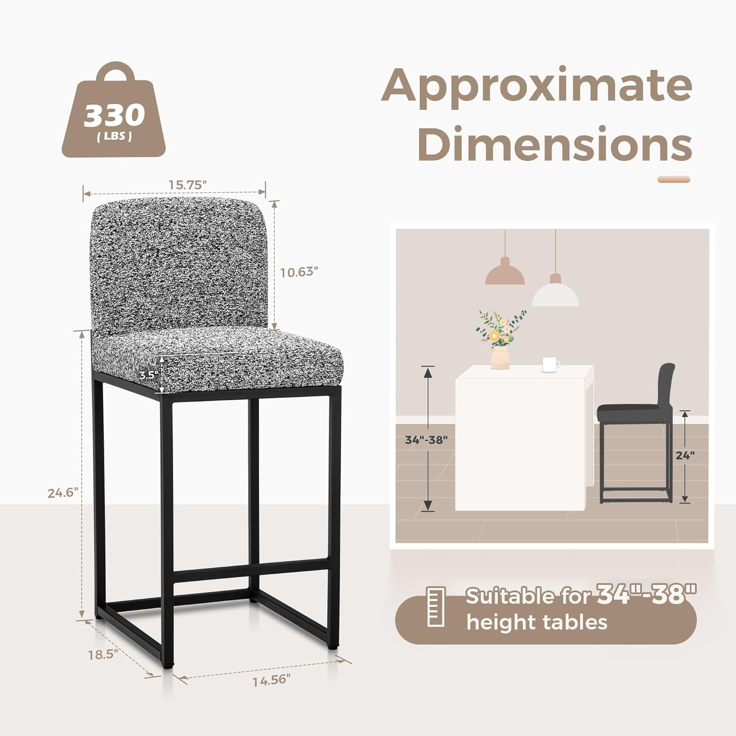 Set of 4 Modern Bar Stools, 24 Inch Counter Height with Back, Chenille ...