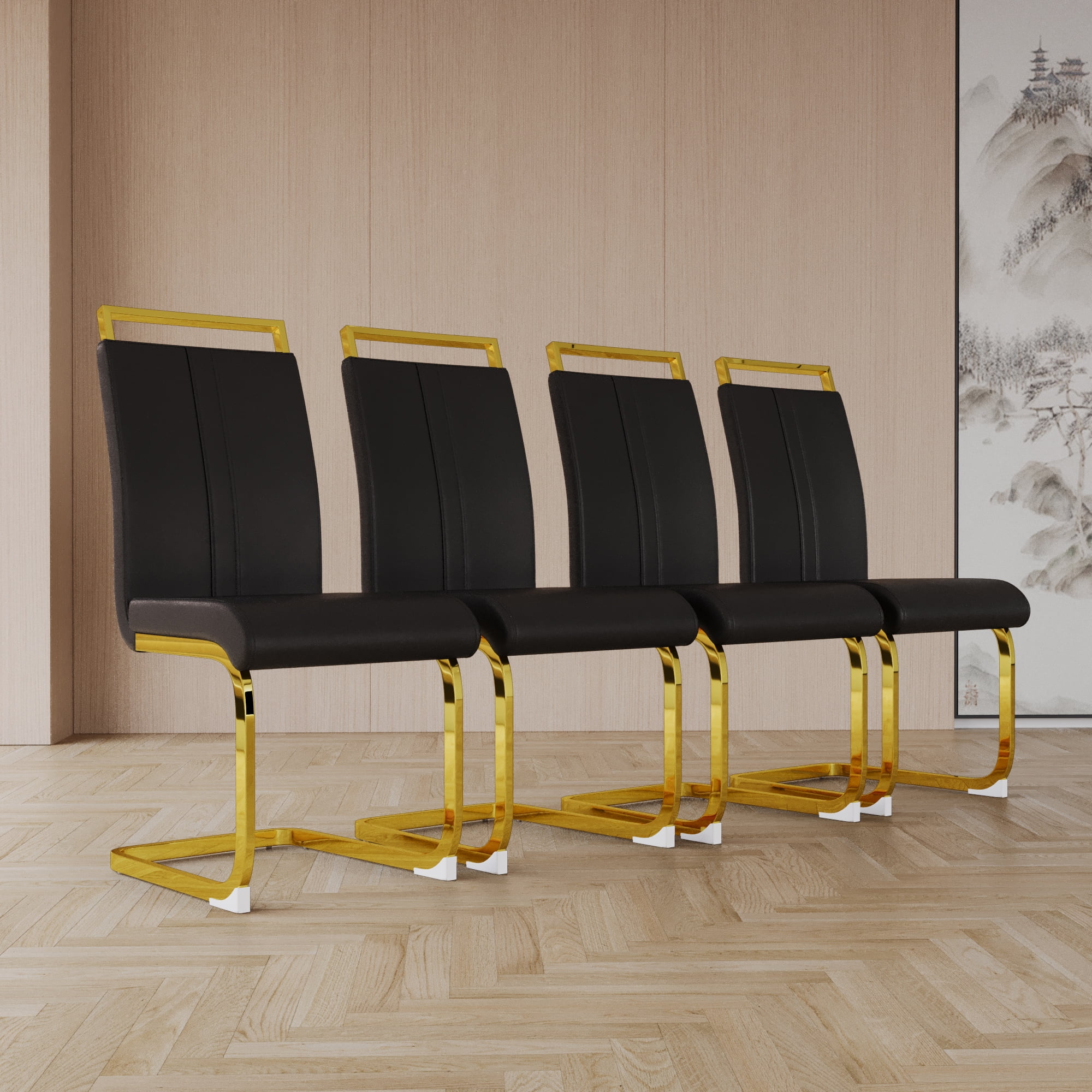 Set of 4 Modern Dining Chairs, PU Faux Leather High Back Upholstery, C ...