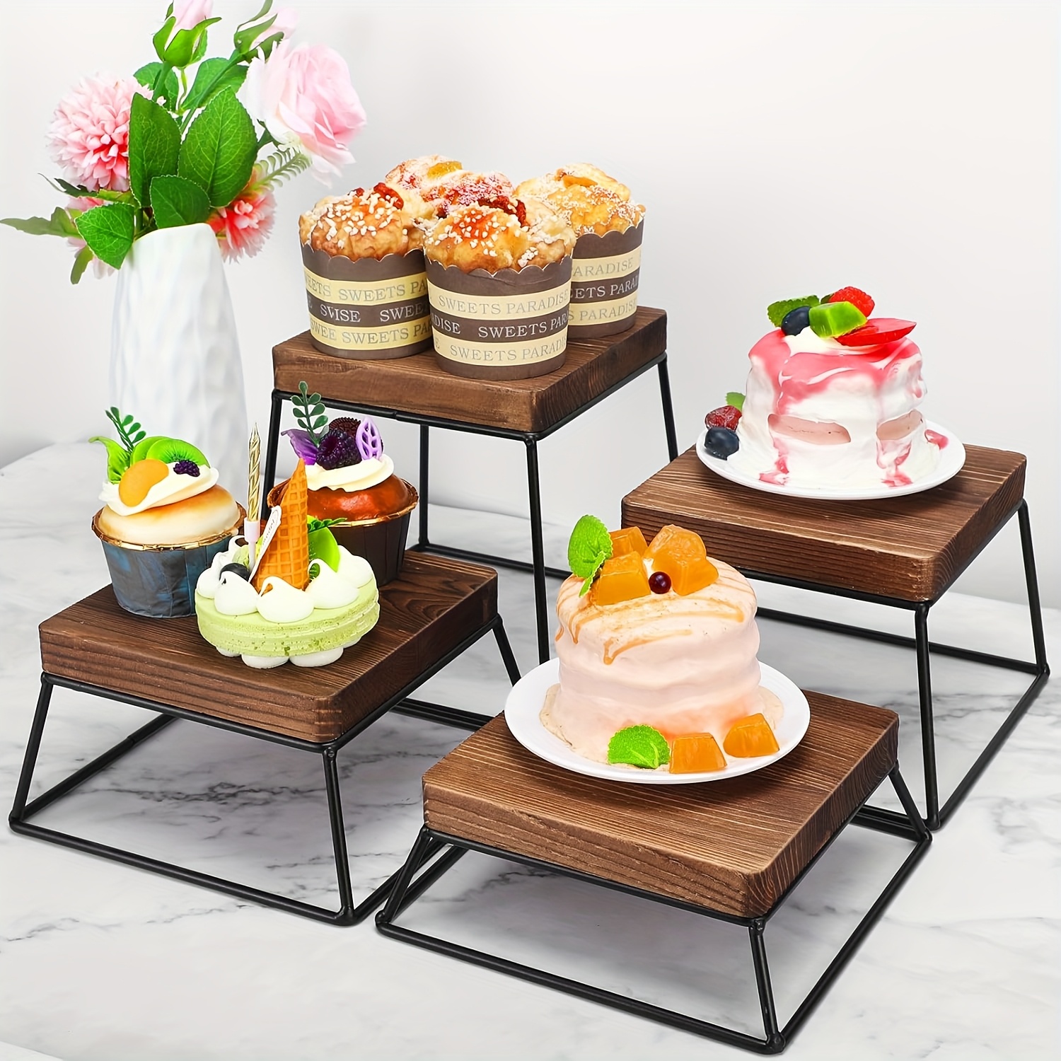 Set of 4 Modern Square Dessert Stands with Metal Wire Bases, Wooden ...