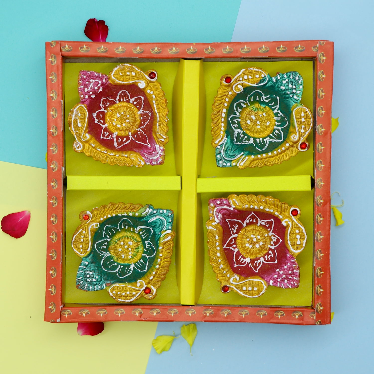 Set of 4 Multicolor Clay Diyas D3 for Diwali Celebrations | Colorful ...