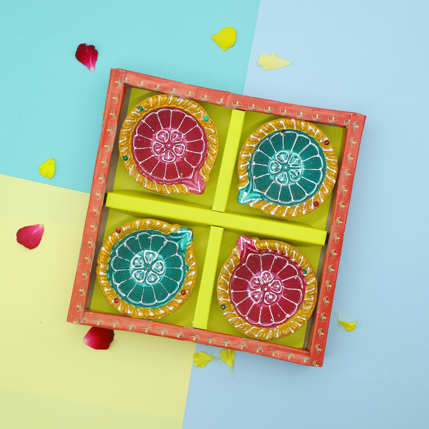 Set of 4 Multicolor Clay Diyas D5 for Diwali Celebrations | Colorful ...