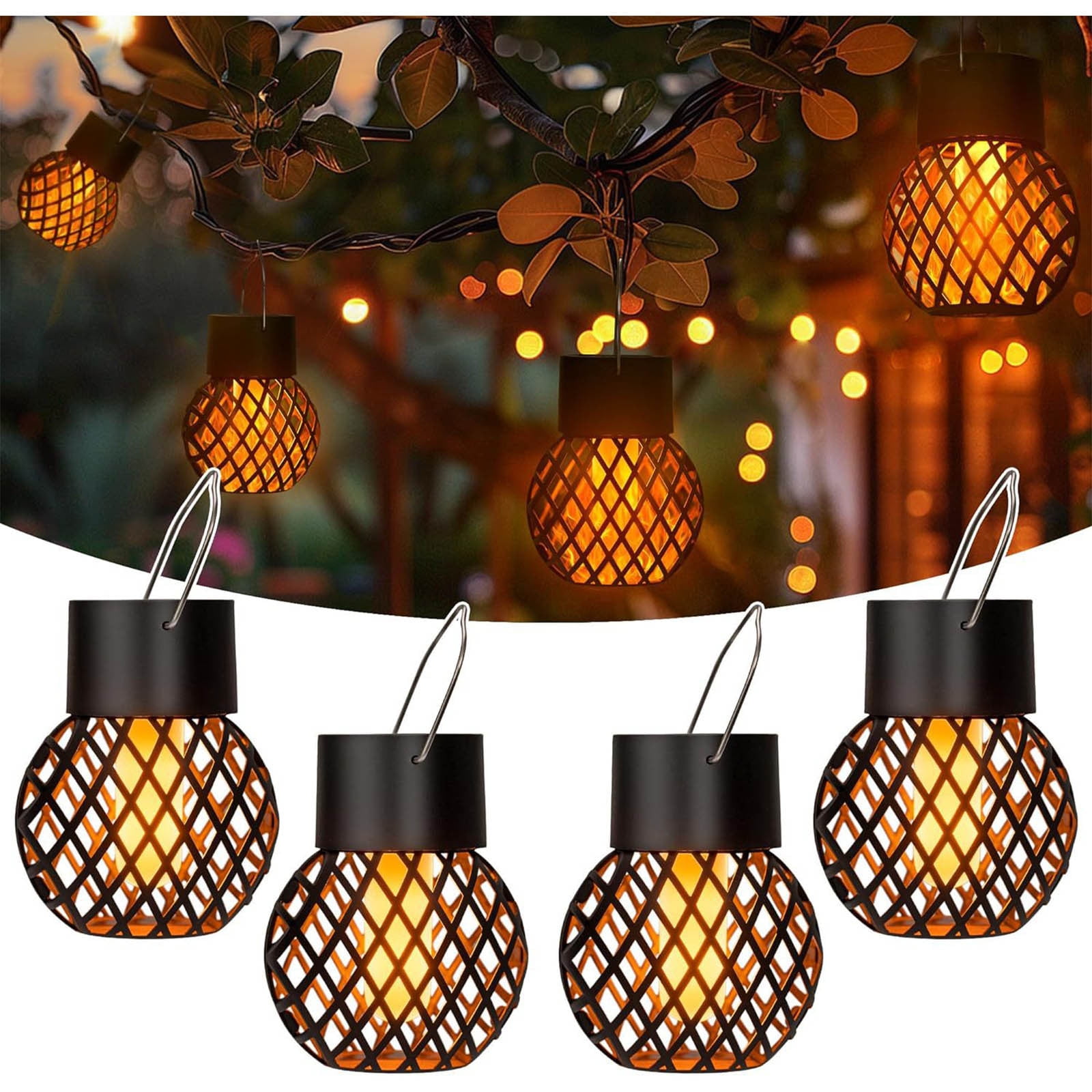 Set of 4 Outdoor Solar Hanging Ball Flame Lights - Hollow LED Hanging ...