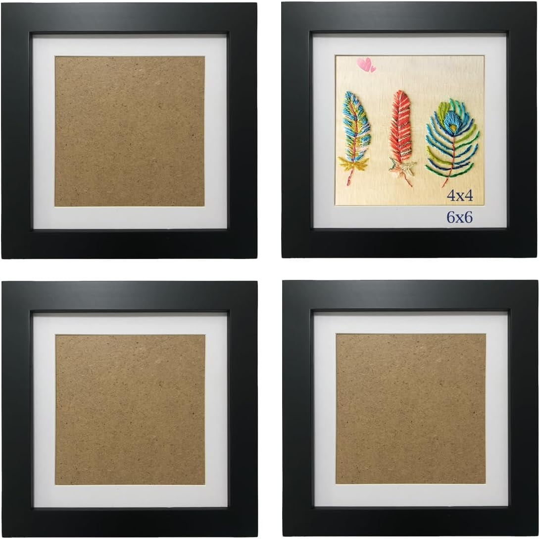 Set of 4 Pack 6x6 Picture Frames with Mat 4x4 Opening, Black 6x6 Square ...