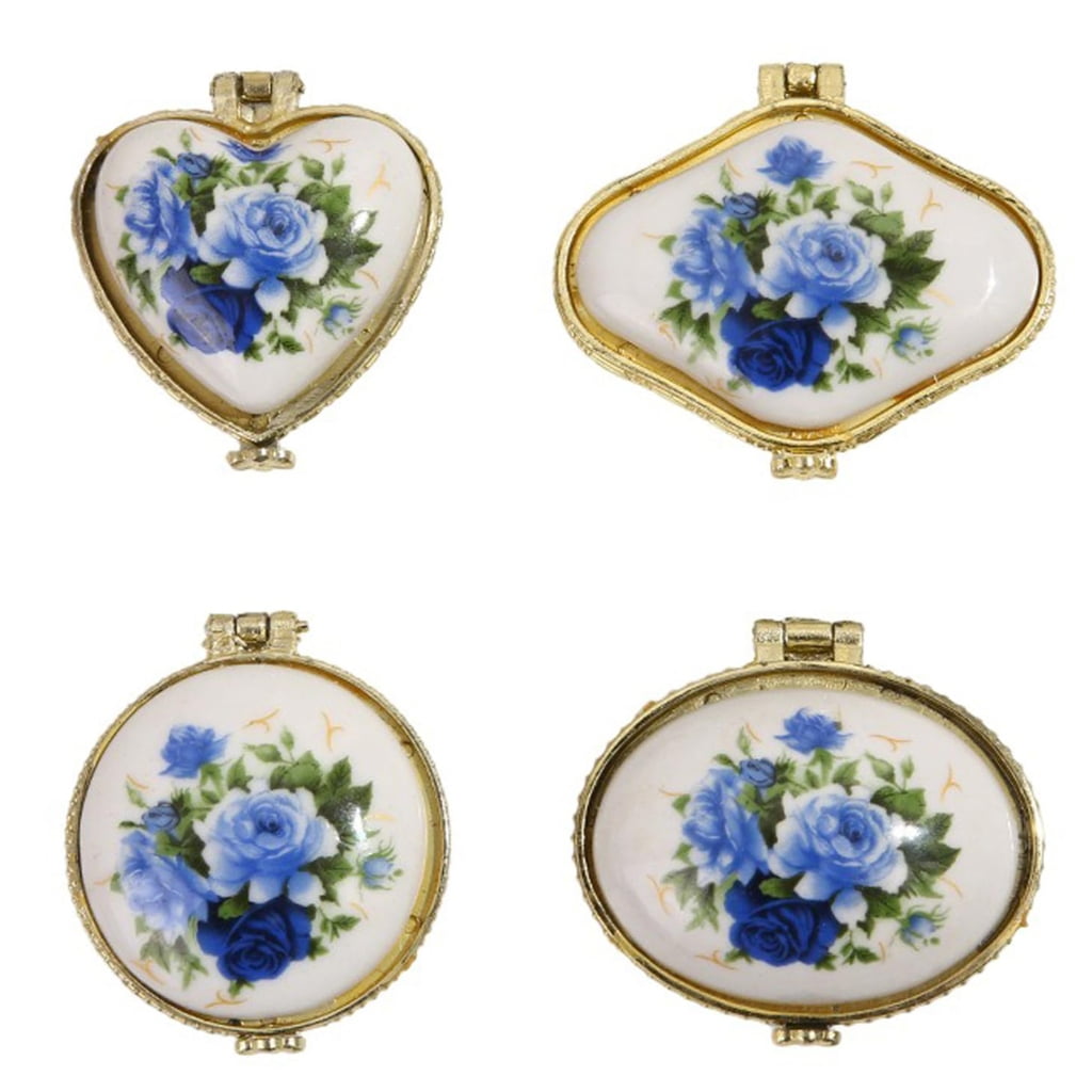 Set of 4 Porcelain Keepsakes Boxes Hinged Lid Ceramic Cases for Earring ...