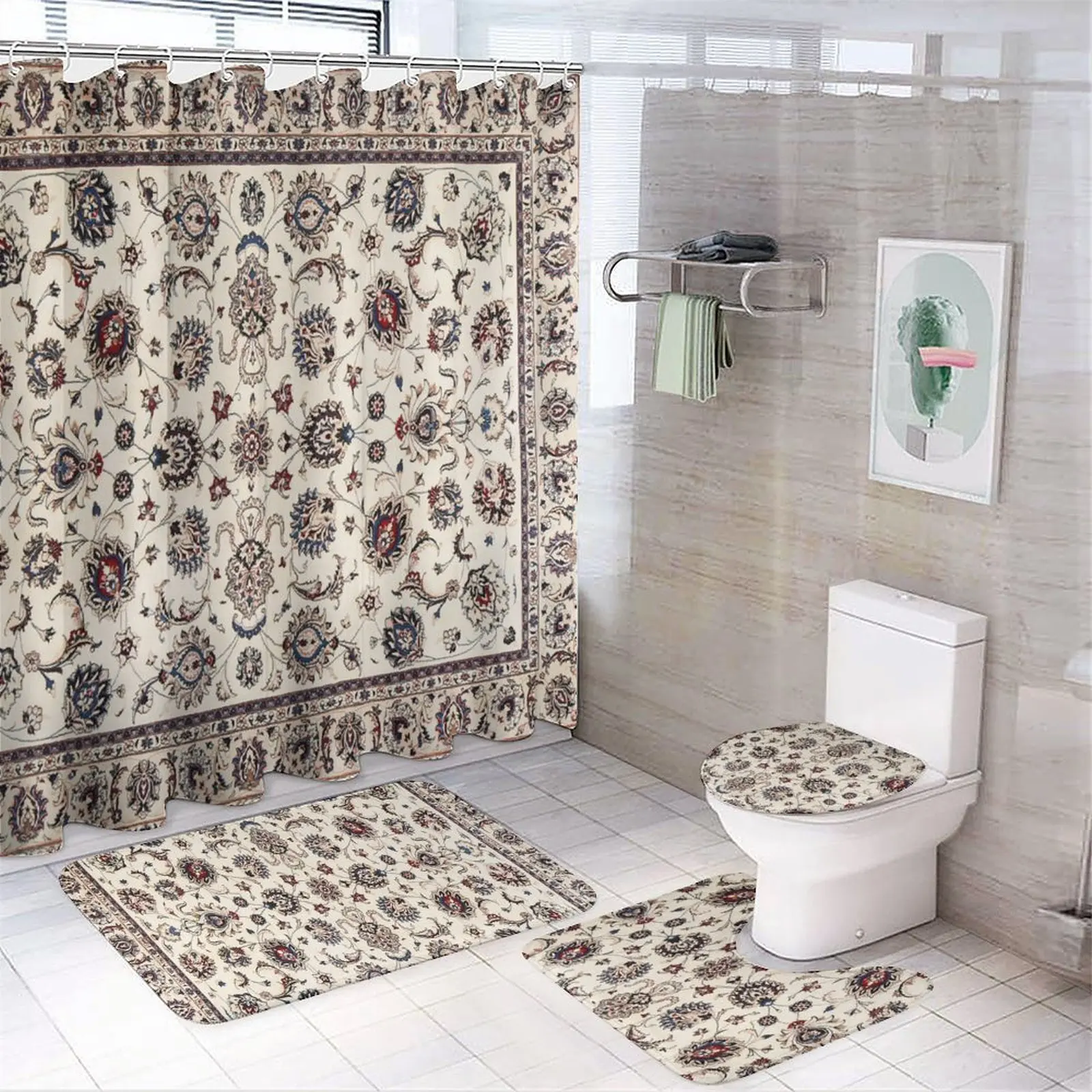 Set of 4 Printed Shower Curtain ration Bathroom Waterproof Cover Screen ...