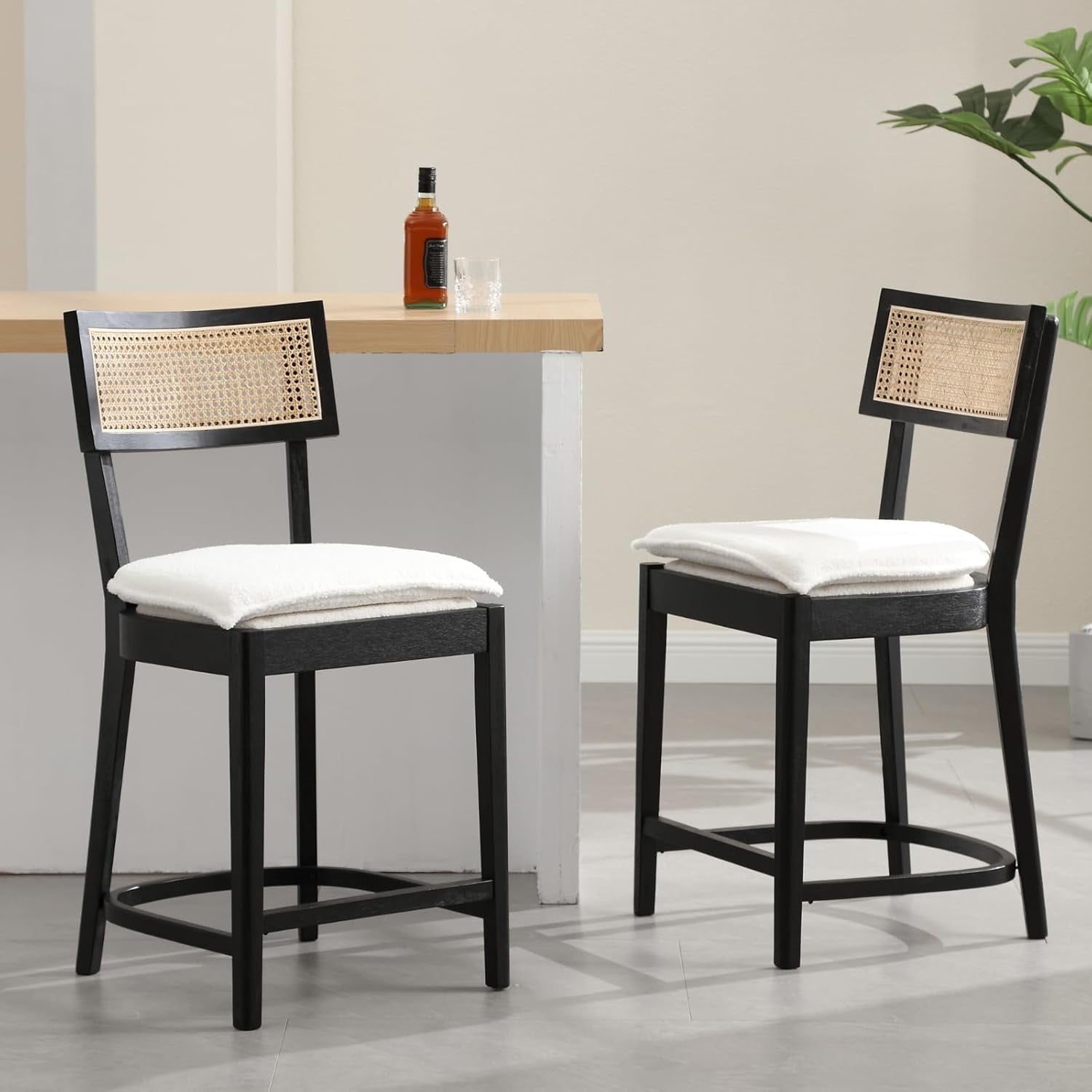 Set of 4 Rattan Counter Stools with Removable Boucle Upholstery ...