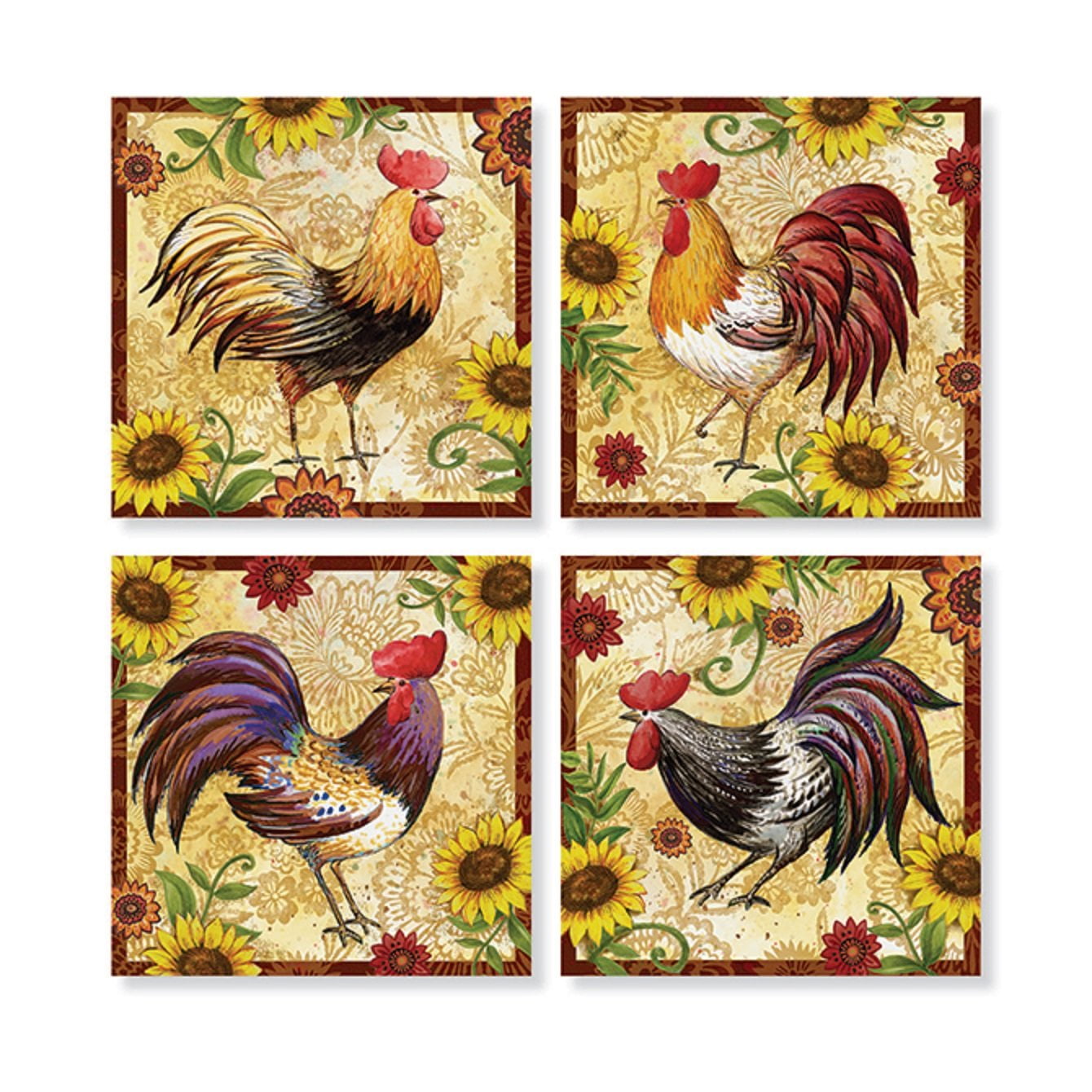 Set of 4 "Rooster and Sunflower" Square Stone Coaster Set by Carson ...