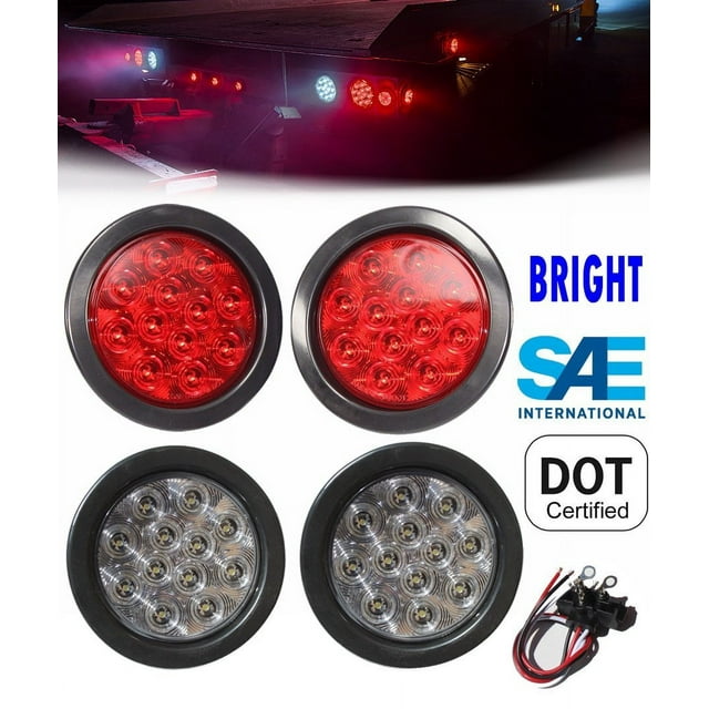 Set of 4 Round LED Light 2 Red & 2 White 4" Brake Stop Turn Tail Back ...
