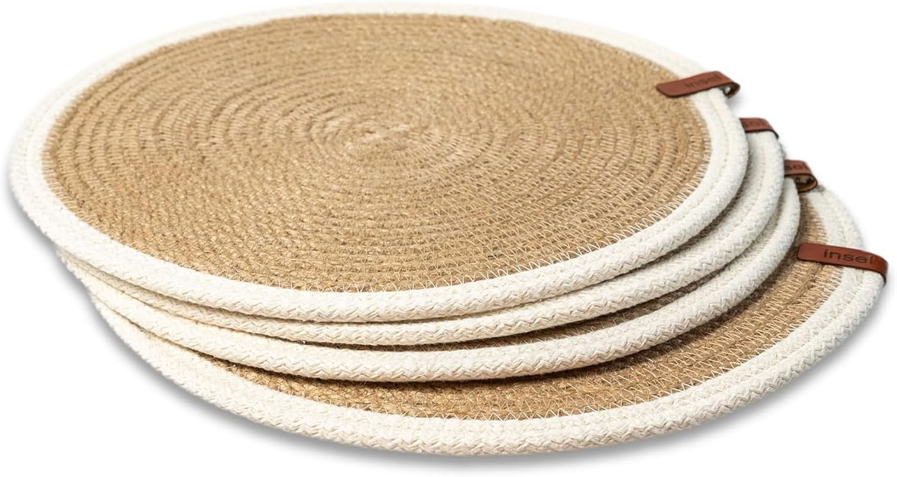 Set of 4 Round Placemats, Handmade with Braided Natural Jute and White ...