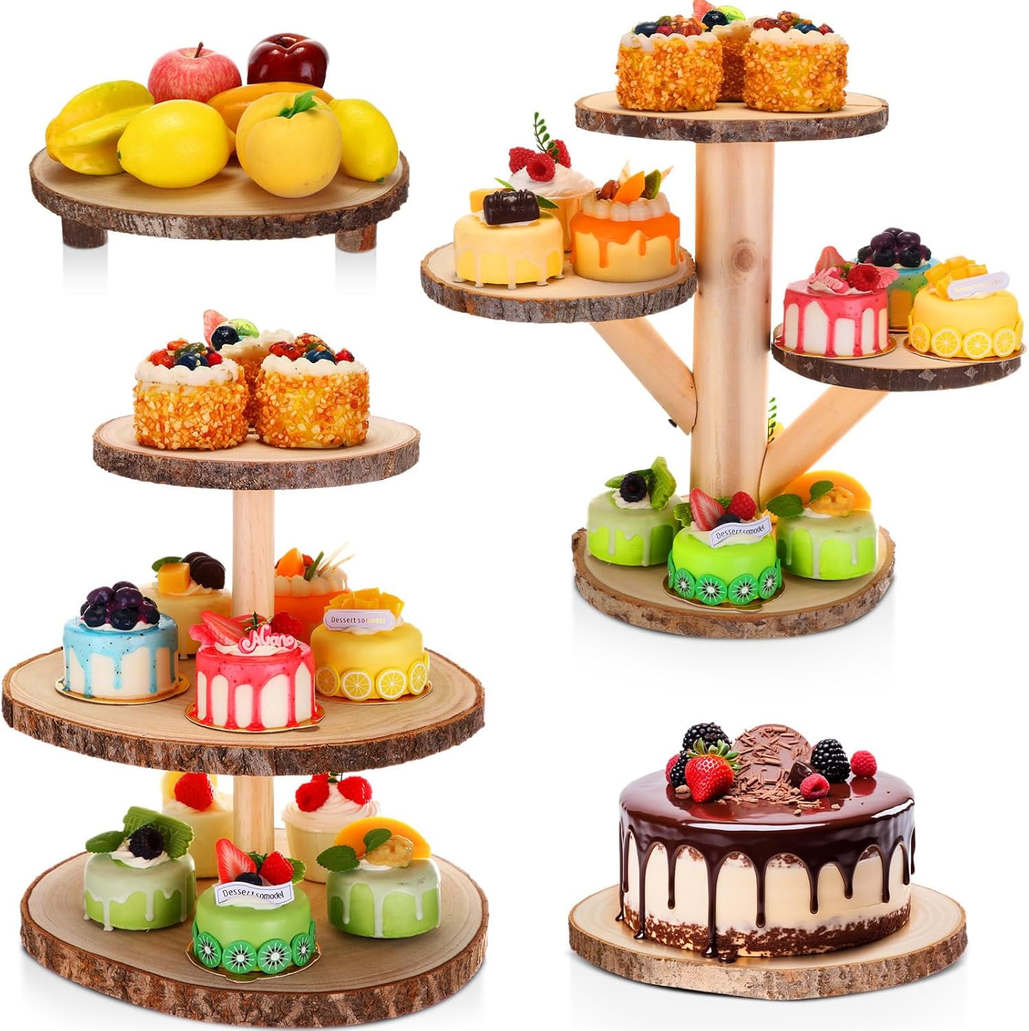 Set of 4 Rustic Wood Cake Stand Dessert Table Display Wooden Cupcake ...